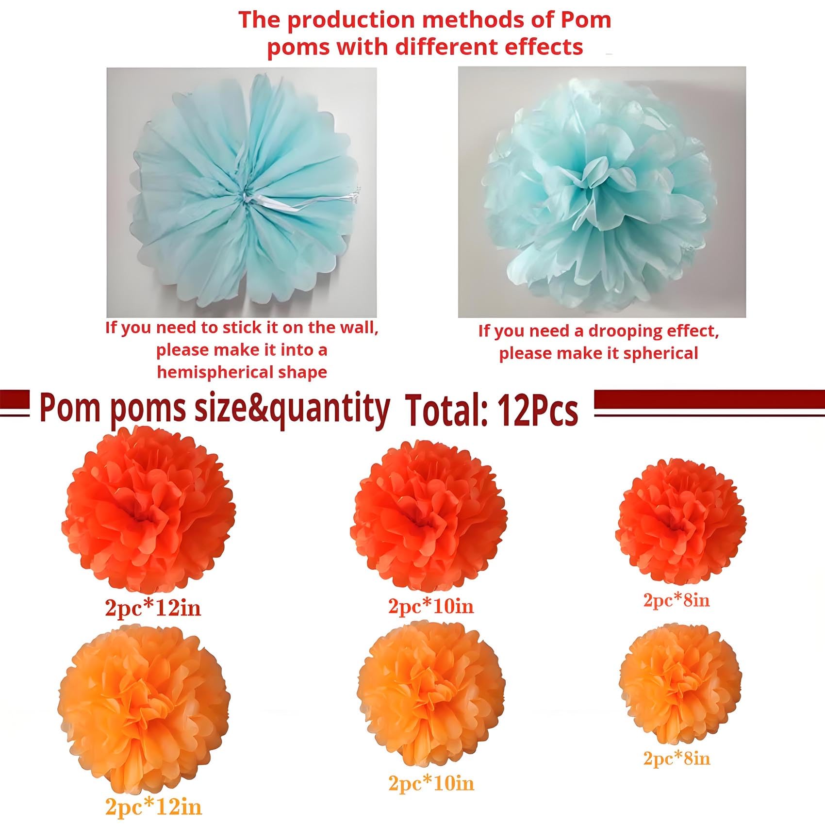 Orange Tissue Paper Pom Poms 12Pcs- Hanging Paper Flowers for Wedding Birthday Graduations Christmas and Special Occasions(8 &10 & 12 inch) 