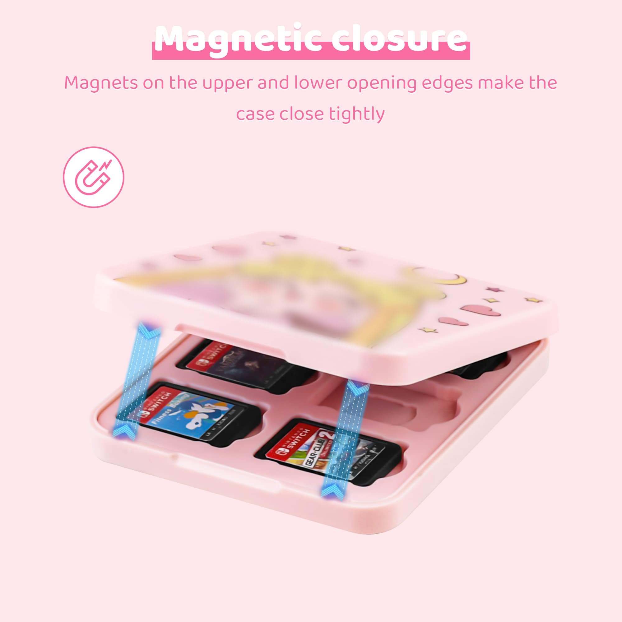 FUNDIARY 12 Game Card Slots Storage Case for Nintendo Switch and Switch OLED, Cute Girl Pattern Magnetic Game Card Holder for Switch, 12 SD Card Cartridge Case with Soft Silicone Lining