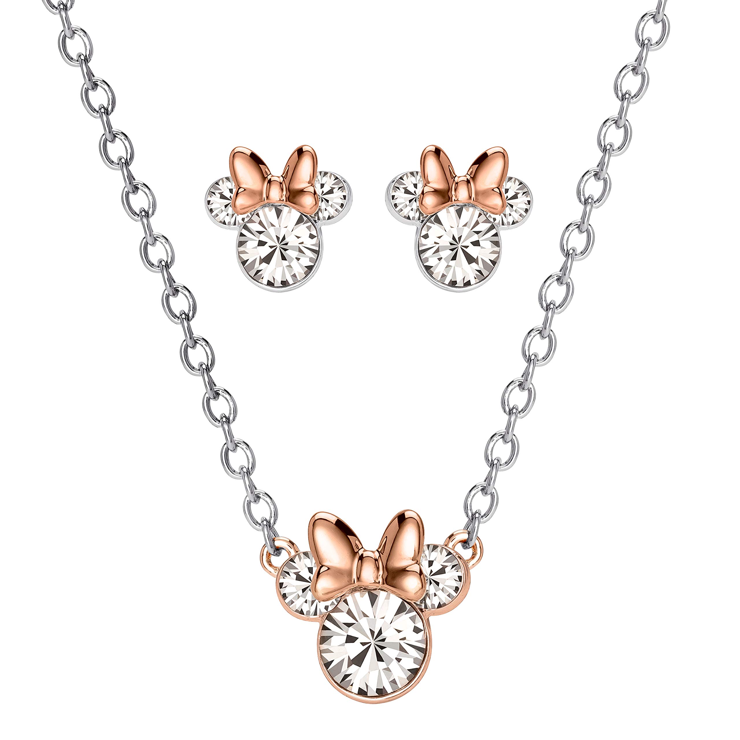 Disney Crystal Minnie Mouse Necklace and Stud Earrings- Silver Plated Minnie Mouse Earrings and Matching Necklace 18" Jewelry