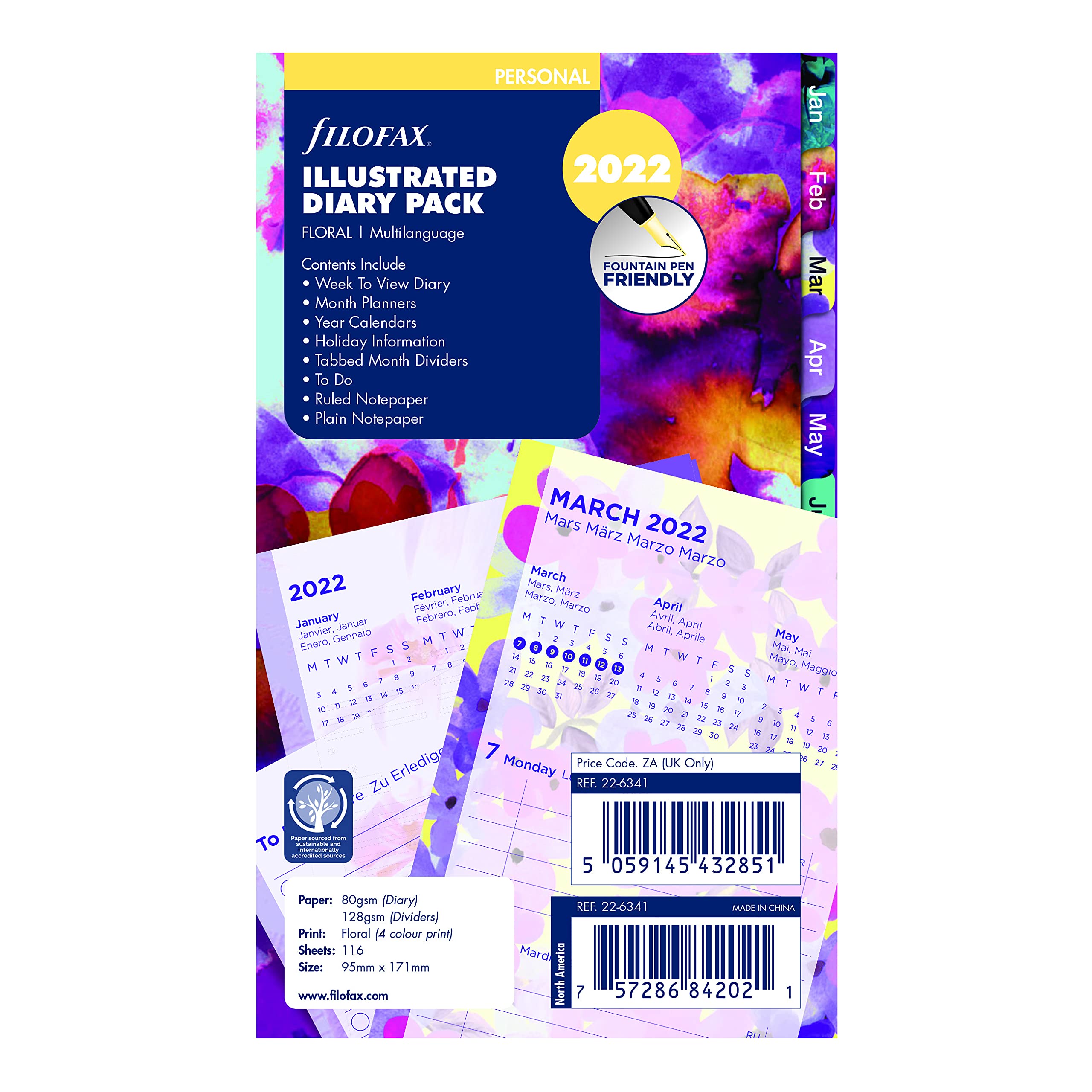 Filofax Refill, Personal/Personal Compact Size, Week-to-View, Illustrated Floral Diary Pack with Four-Color Print Design, Multilingual: Five Languages, 2022 (C6341-22)
