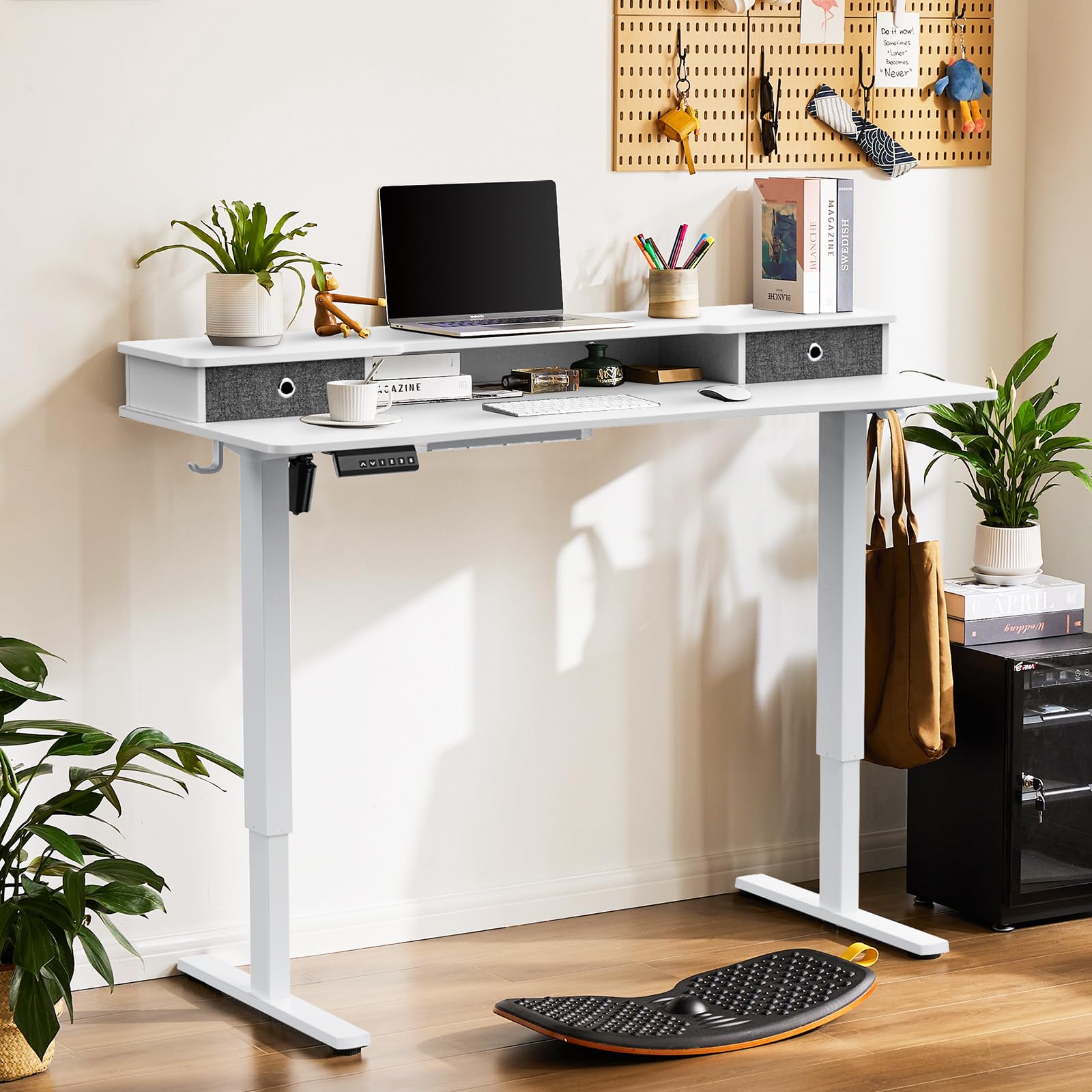 Electric Standing Desk with Double Drawer - 63 x 24 inch Adjustable Height Sit to Stand Up Desk with Storage Shelf, Rising Home Office Computer Table with Splice Board, 2 Hook and Wire Hole for Work
