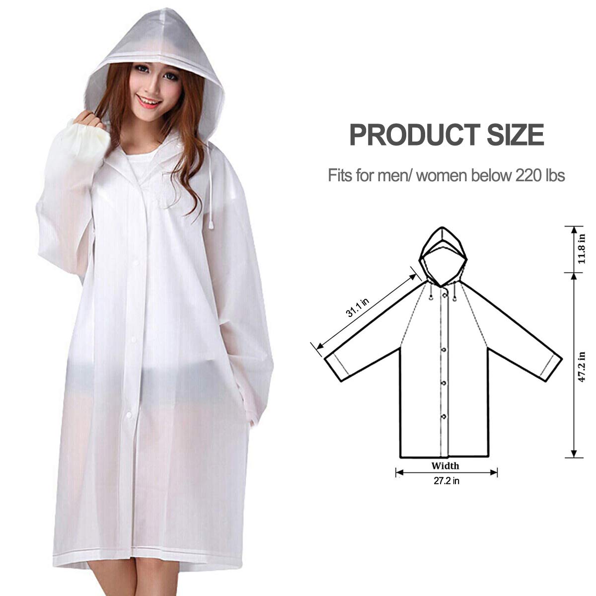 Exptolii Rain Poncho for Adults, 2 Pack EVA Reusable Raincoat Emergency Rain Gear Jacket with Hood (White)