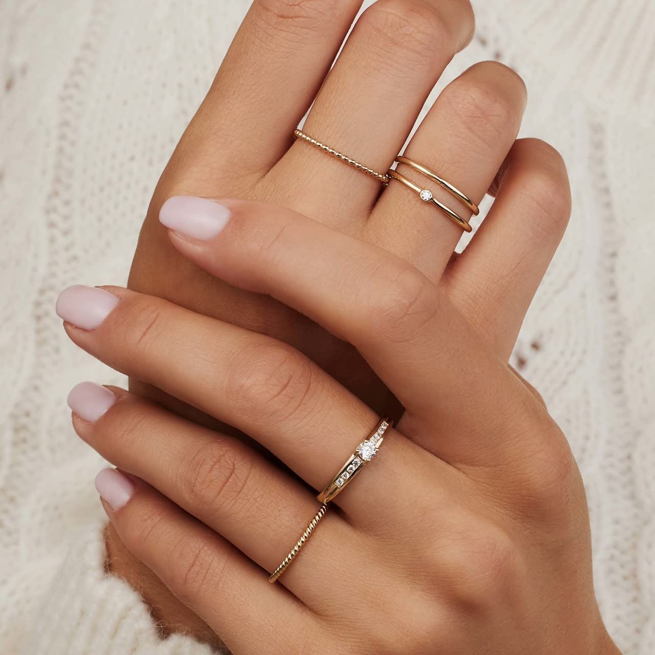 FUNEIA 8PCS 14K Gold Plated Stacking Rings for Women Simple Dainty Silver Stackable Knuckle Thumb Rings Set Cubic Zirconia Thin Plain Band Wedding Promise Eternity Statement Rings Size 4-12