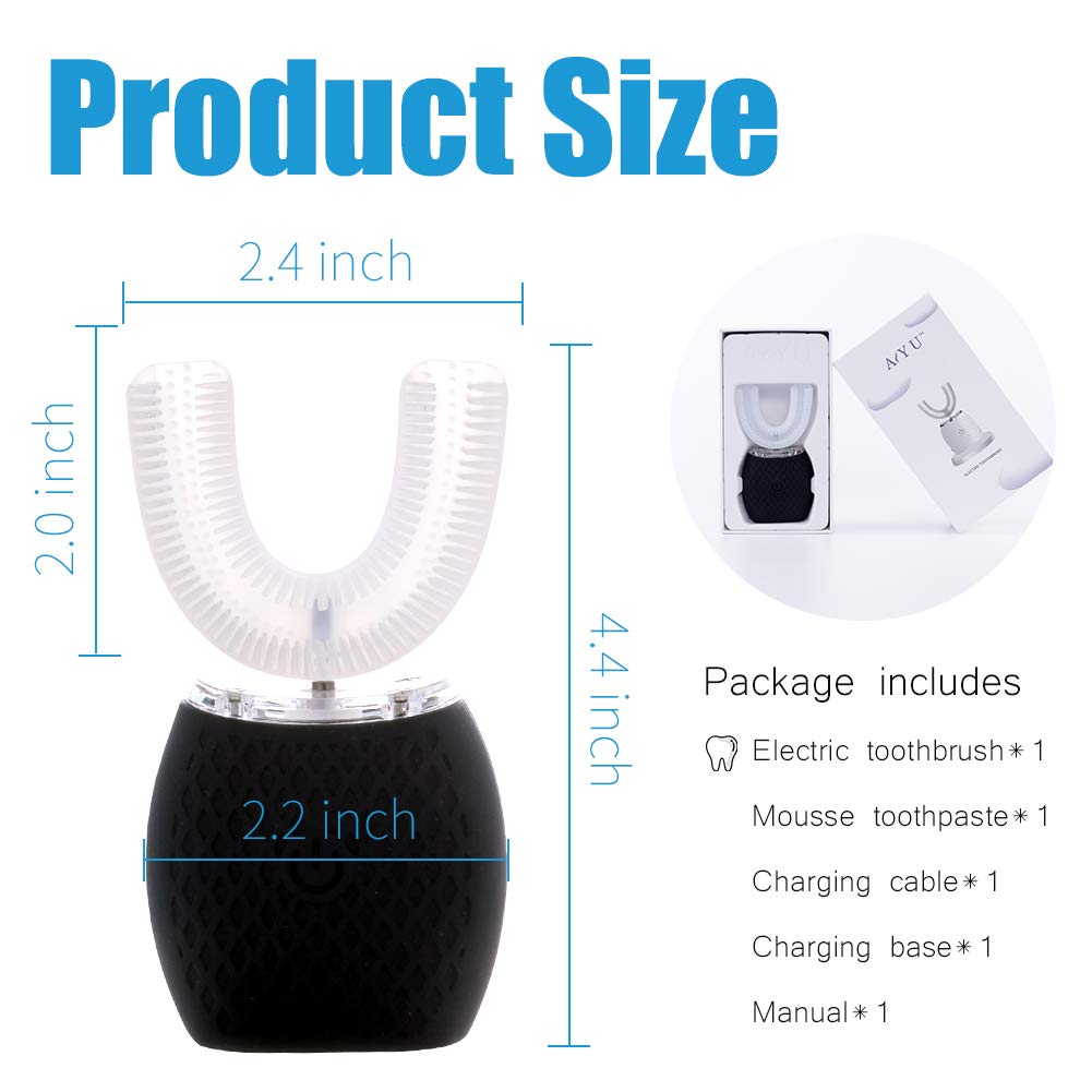 Ultrasonic Automatic Toothbrush U Shaped Toothbrush for Adults 360°Electric Toothbrush 30'' Automatic Timer Wireless Charging Washable Travel Home Dual-use (Black)