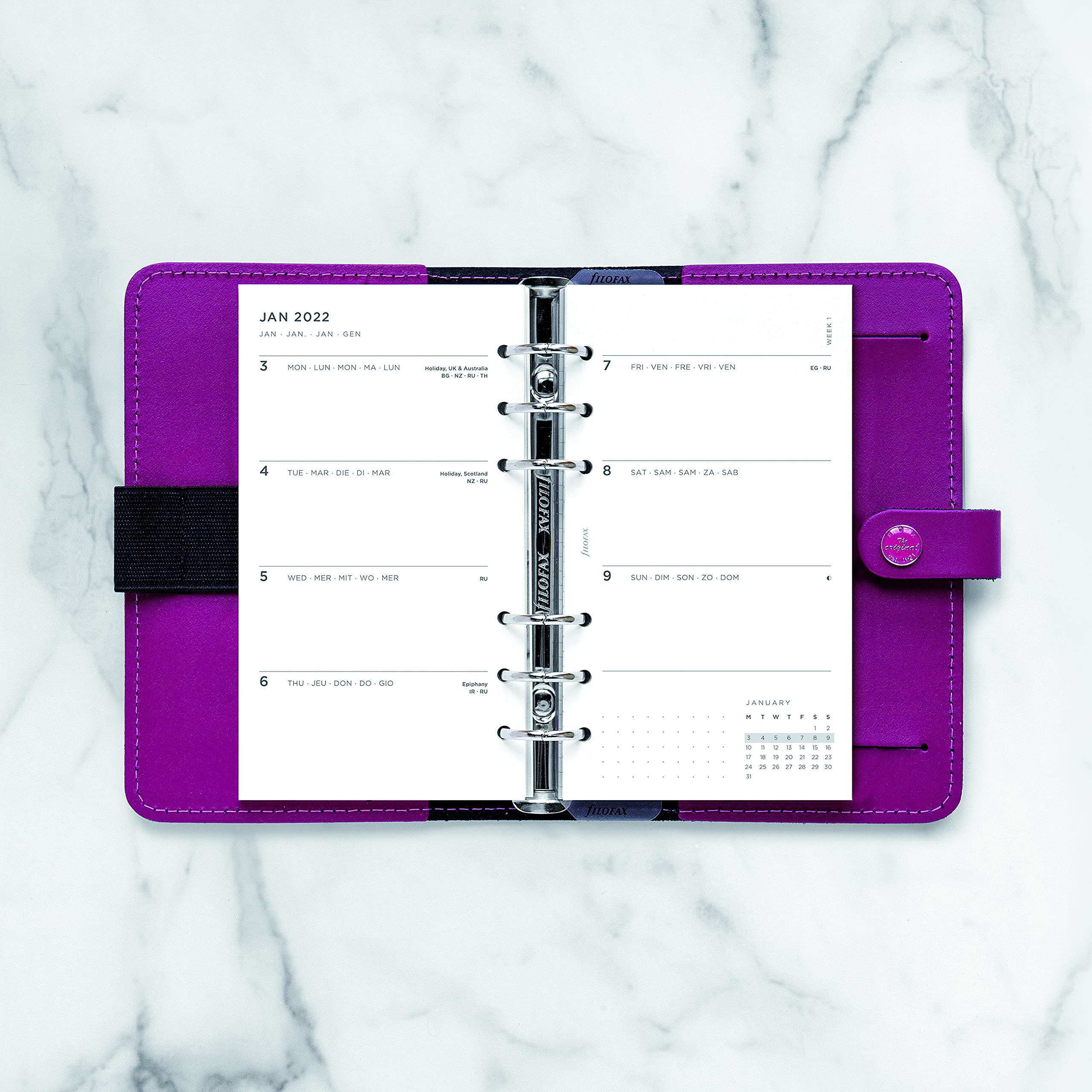 Filofax Refill, Personal/Compact Size, Week-to-View, Minimal Diary Pack, White Paper, Multilingual: Five Languages, 2022 (C68490-22)