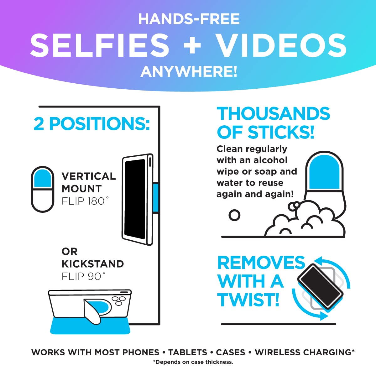 Flipstik 3.0 Foldable Adhesive Phone Mount β Sticks to Any Flat Surface β Hands Free Selfies, Videos, Car Mount, Phone Stand, Travel Accessory β Sticky Phone Mount (Space Gray)