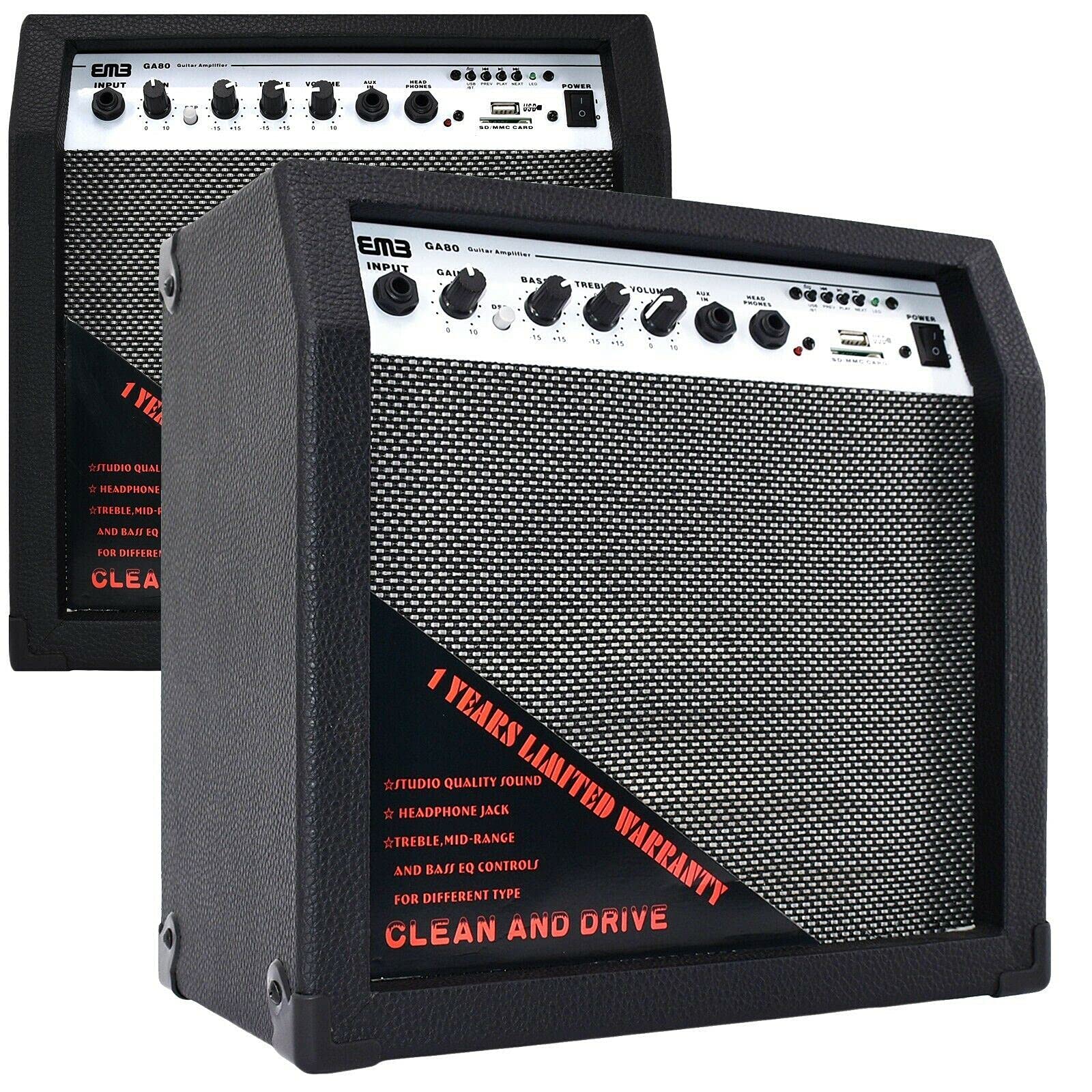 EMB GA80 350 Watts 8" Electric Guitar Amplifier Speaker Portable Powerful Studio and Stage Cabinet PreAMP β with Built in Headphone Jack and 2 Inputs and SD USB AUX Bluetooth (Black)