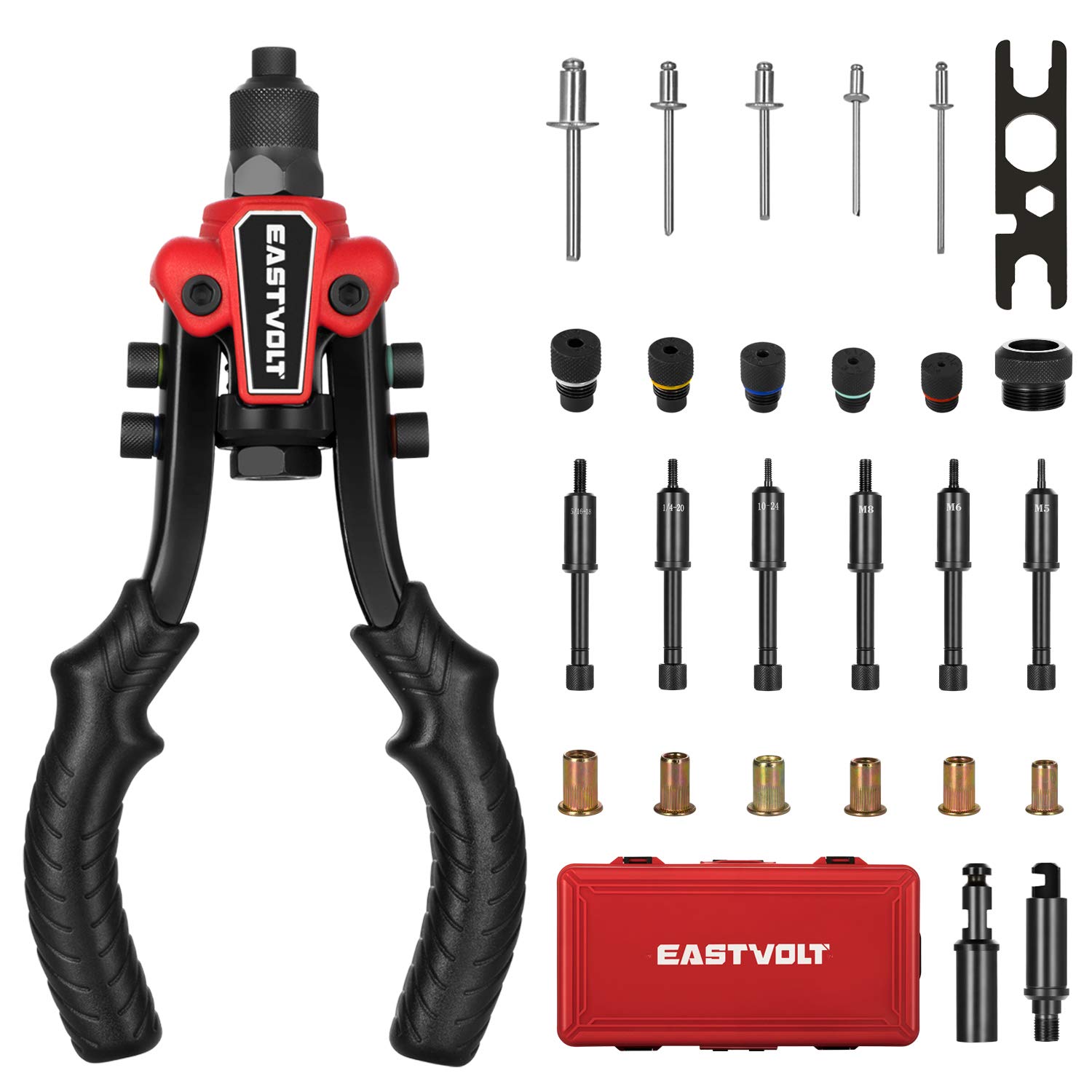 Eastvolt Rivet Nut Tool, 3 in 1 Hand Rivet, Rivet Gun Rivet Nut Tool Reamer 3 in 1 Set, Including 60Pcs Rivet Nuts, 6 Metric & SAE Mandrels and 2 Reaming Mandrels with Carrying Case (BT-501)