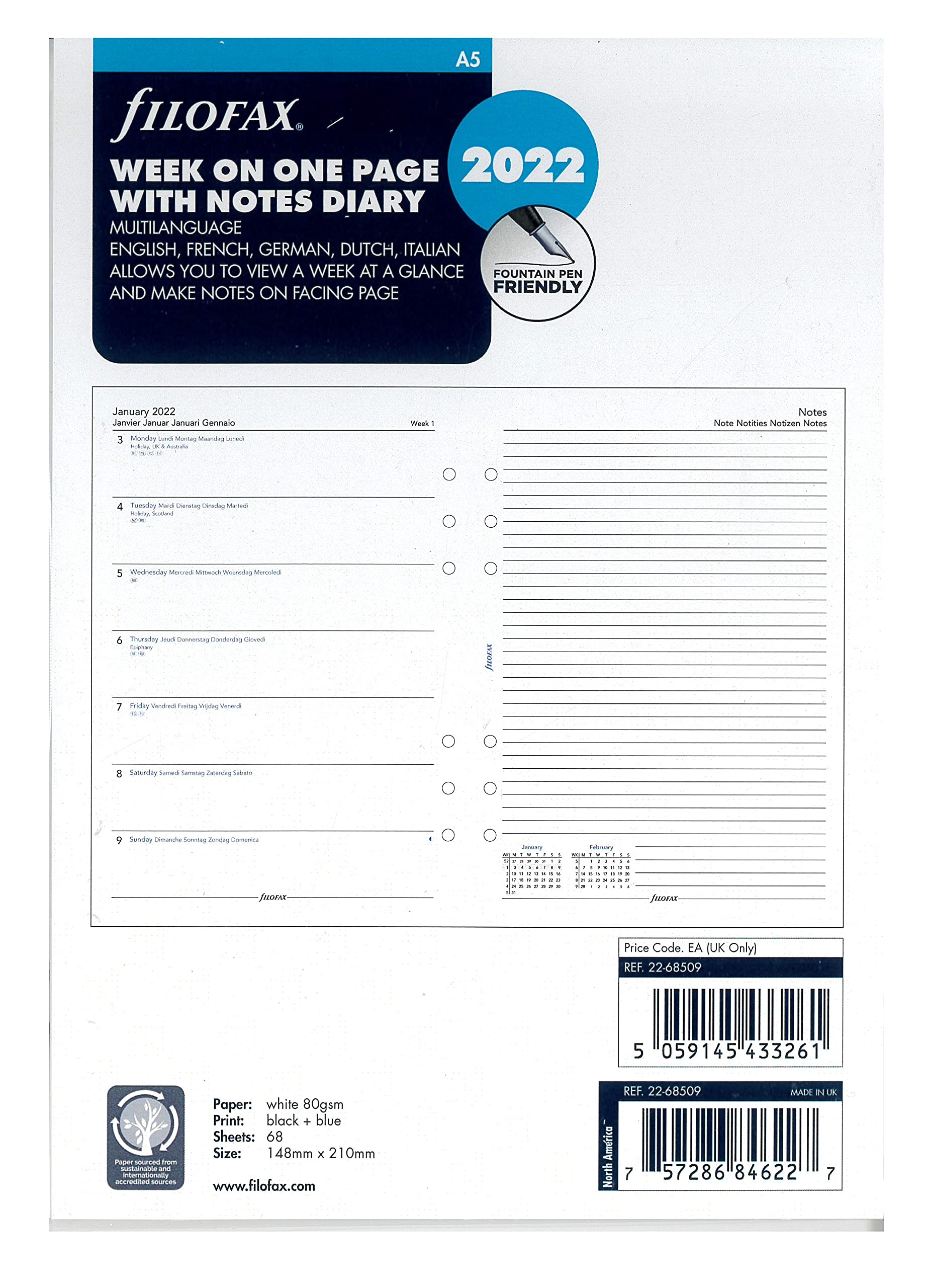 Filofax Replacement White Colour Agenda Rings A5-Master 2022, Weekly Horizontal Planning with Notes 148x210mm.,5.75 inches X 8.25 inches,22-68509