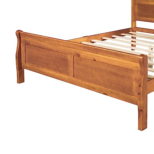 OTRIEK Queen Size Wooden Platform Bed Frames with Headboard/Footboard, Simple Modern Country Platform Bed with Sturdy Solid Wood Slat Support for Bedroom Small Living Space Boys Girls (Oak, Full)