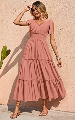 PRETTYGARDEN Women's Cross Neck Summer Sleeveless Tiered Maxi Dress Beach Tie Strap Smocked Long Dresses Pleated Sundress (Nude Pink,Medium)
