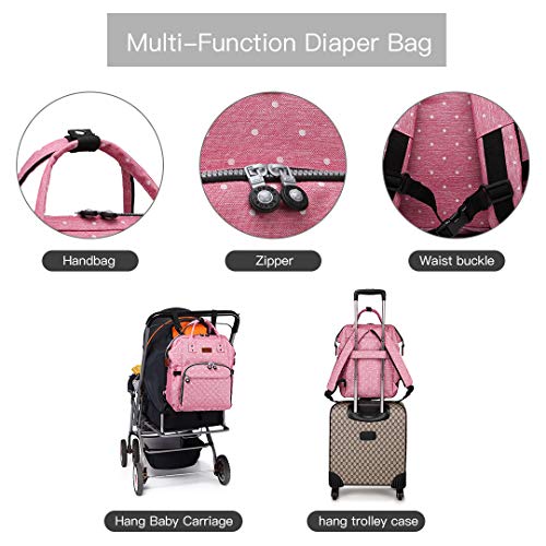 Diaper Bag Backpack with Baby Bottle Insulation, Kono Waterproof Baby Bag, Roomy Backpack for Moms Dads Navy (Pink)