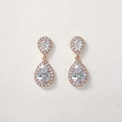SWEETV Teardrop Dangle Earrings for Brides,Cubic Zirconia Rose Gold Drop Earrings for Women - Prom,Pagegant,Wedding Jewelry