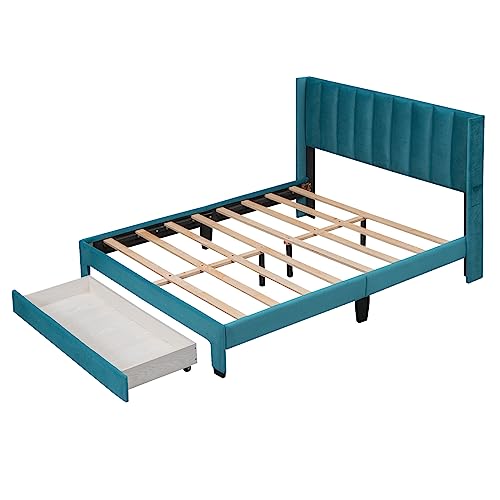 OTRIEK Queen Size Velvet Upholstered Platform Bed Frames with Large Storage Drawer, Mid-Century Modern Royal Platform Bed with Headboard, Sturdy Wood Slat Support for Bedroom Boys Girls (Blue)