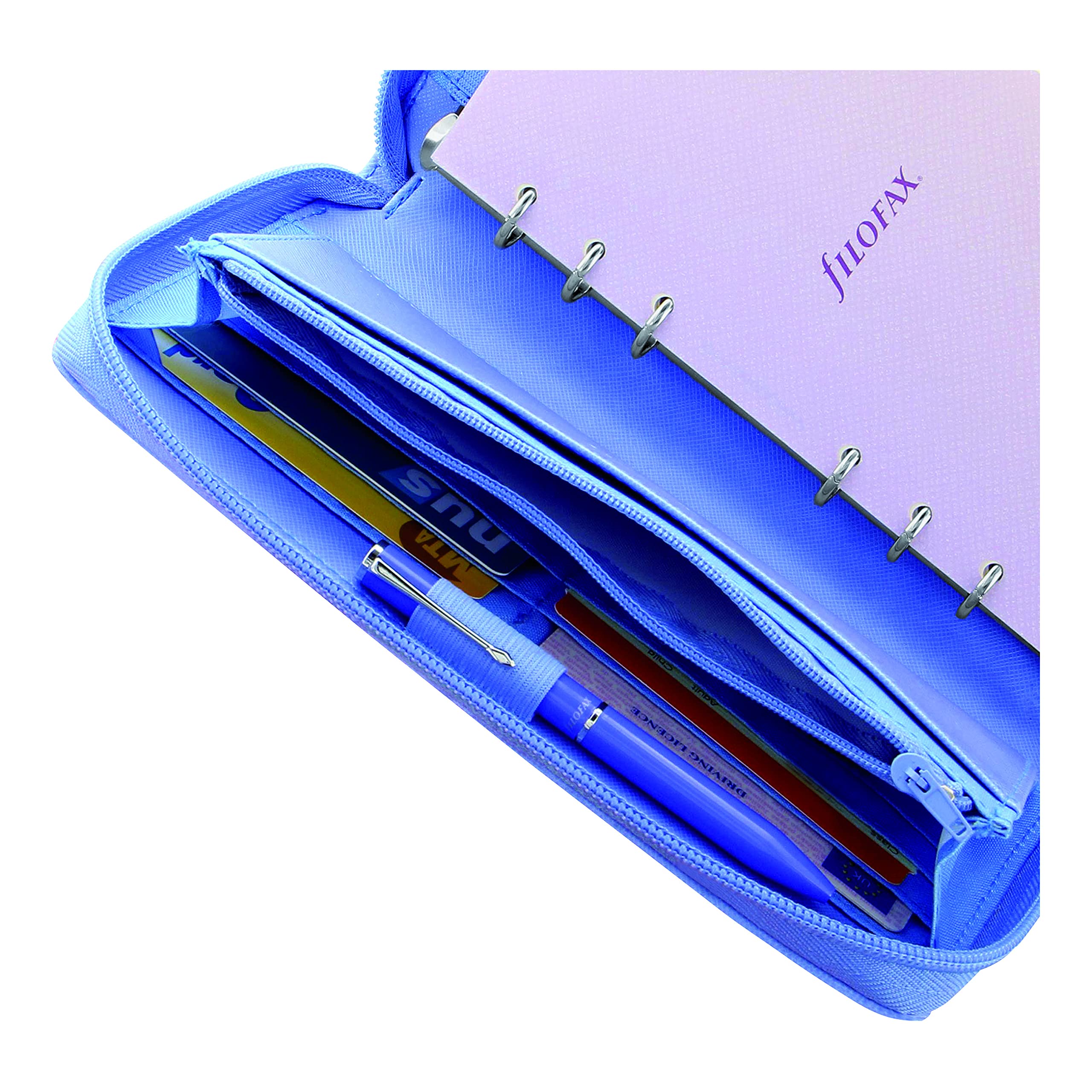 Filofax Saffiano Zip Organizer, Personal Compact Size, Vista Blue - Cross-Grain, Leather-Look, Six Rings, Week-to-View Calendar Diary, Multilingual, 2022 (C022592-22)