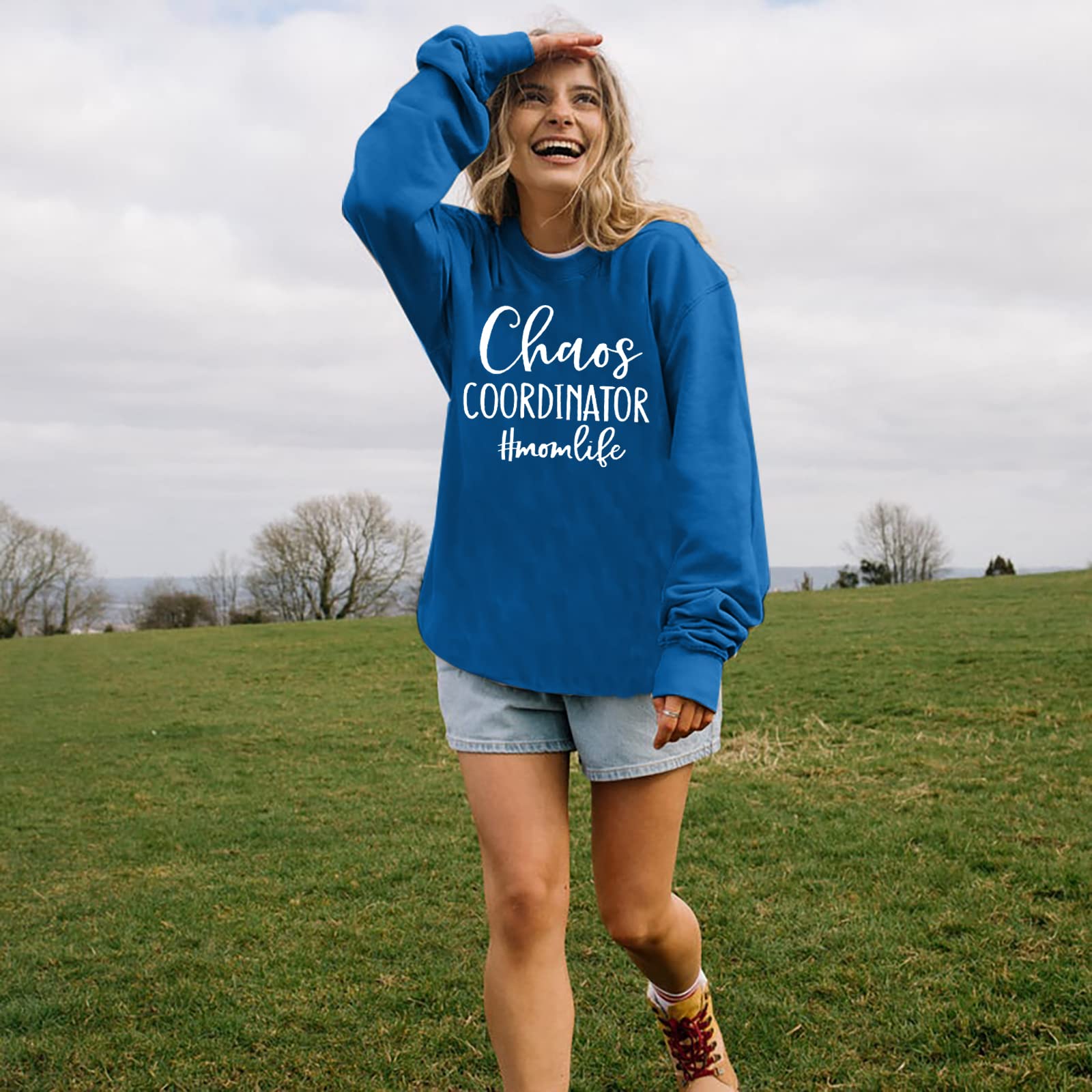 FASHGL Chaos Coordinator Sweatshirt Women Mom Life Pullover Blouse Cute Causal Lightweight Tops (Blue, XXL)