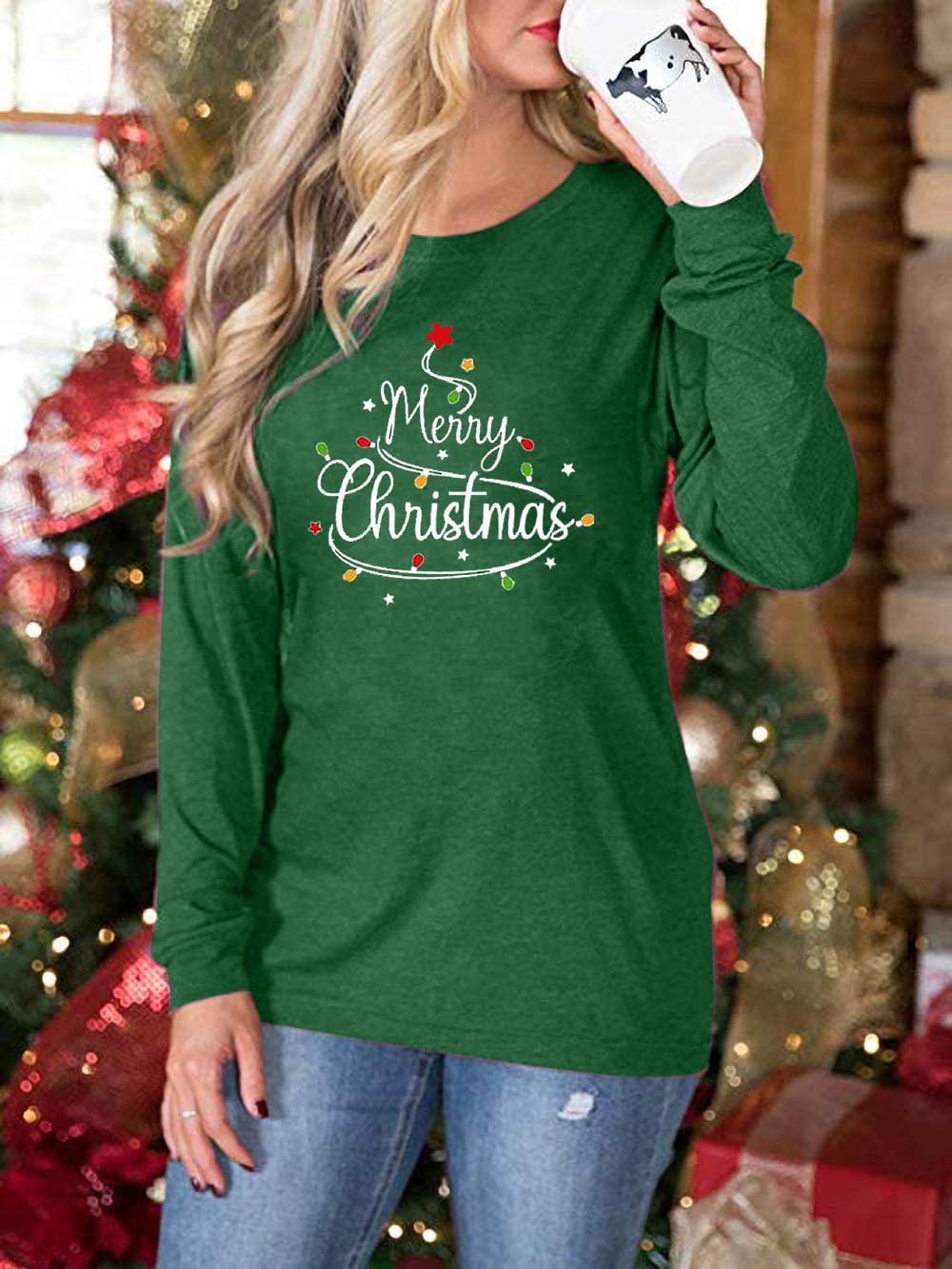 FASHGL Christmas Shirt Women Merry and Bright Pullover Christmas Lights Graphic T Shirts Xmas Long Sleeves Tops Green