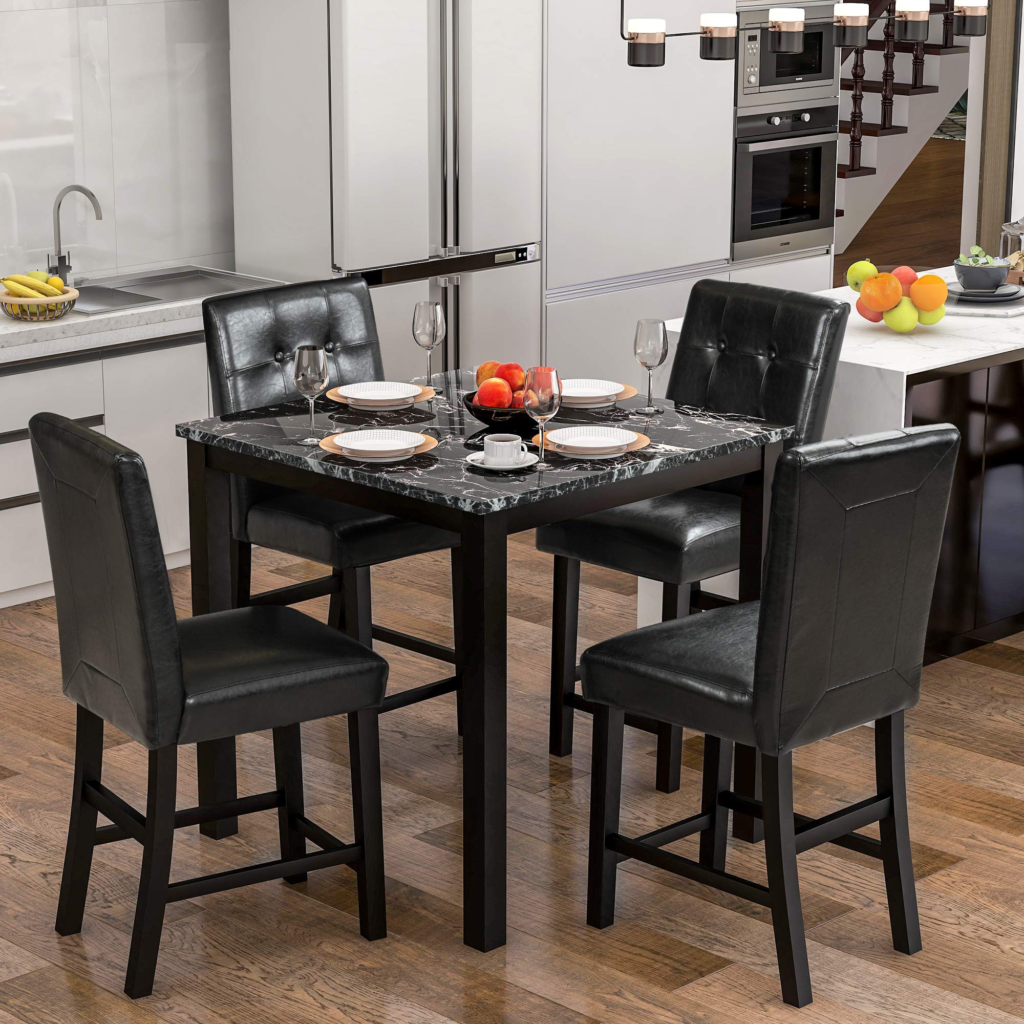 Dining Table Set for 4, Farmhouse 5-Piece Wood Extendable Dining Table Set with Drop Leaf and 4 Upholstered Dining Chairs, Dining Table and Chairs Set for Small Places, Gray+Cushion Beige