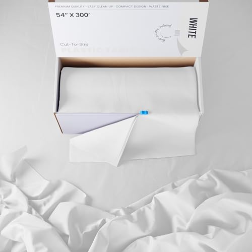 Exquisite 54 Inch X 300 Feet White Plastic Table Cover Roll in A Cut - to - Size Box with Convenient Slide Cutter. Cuts Up to 36 Rectangle 8 Feet Plastic Disposable Tablecloths