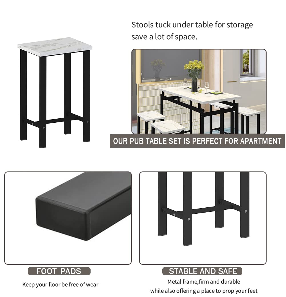 Dining Table Set for 4, 5 Pieces Kitchen Table and Chairs for Small Spaces, Bar Table and Chairs Set, Person Counter Height Table Set with 4 Chairs for Pub Restaurant Dinner Breakfast(White Statuario)