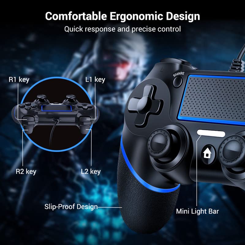 EFFUN Wired Gaming Controller for PS4, Remote Control for Sony Playstation 4 Pro Slim PC, Double Shock Analog Joysticks, Plug and Play, 6.9 ft Cable, Slip-Proof Grip, Black/Blue, Gifts for Men
