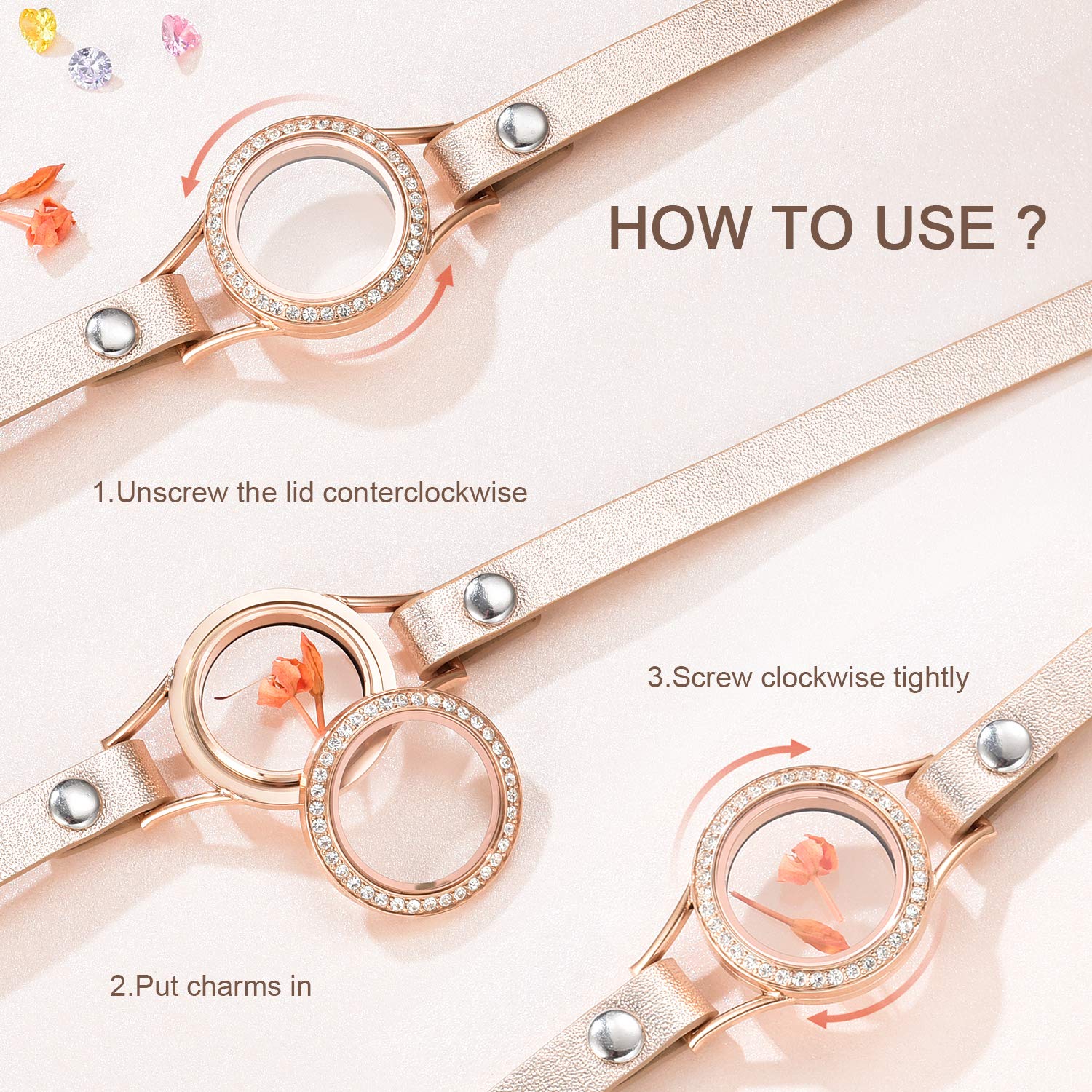 EVERLEAD Carving Round Aromatherapy Essential Oils Diffuser Locket Bracelet 316l Stainless Steel Real Leather Bracelet (Style 10)