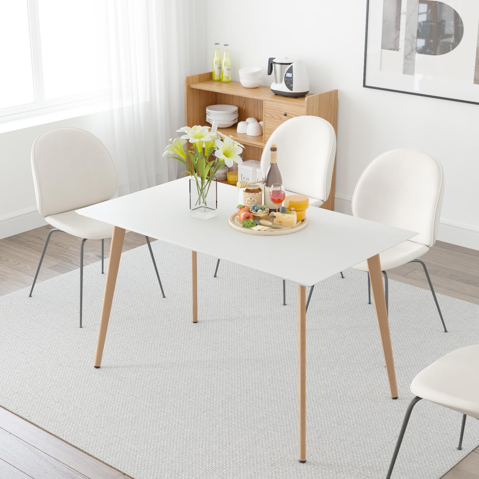 Dining Table, 43.3 Inch Modern Kitchen Table Rectangular Dinner Table for 4-6 People with White Tabletop & Solid Wood Legs for Home Office Kitchen Dining Room