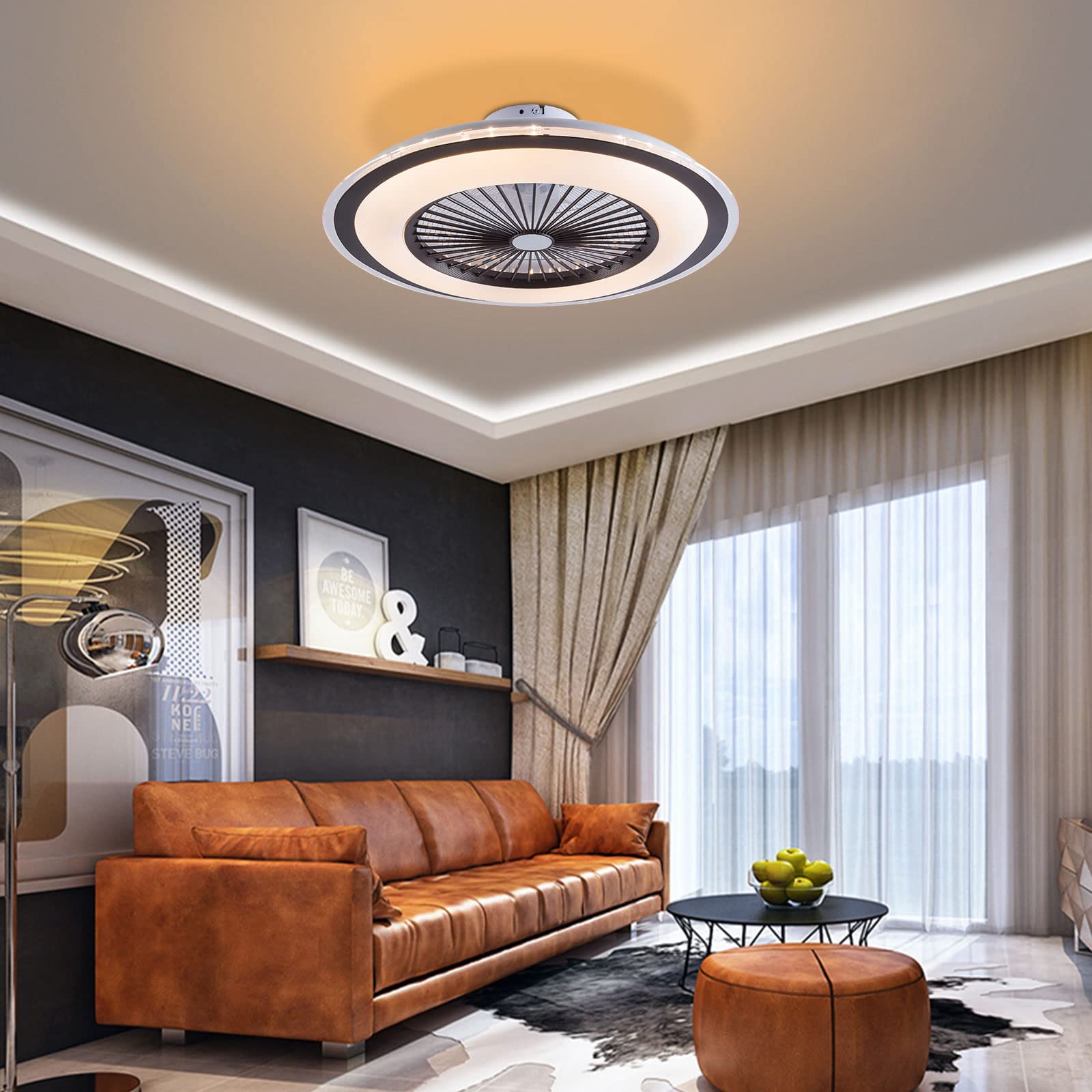 Gdrasuya10 Flush Mount Ceiling Fan with Lights Remote Control 23inch Bladeless Ceiling Fandelier Lighting SMD LED Invisible Low Profile Ceiling Fans Dimmable 3 Color 3 Speed Time Setting (Brown)