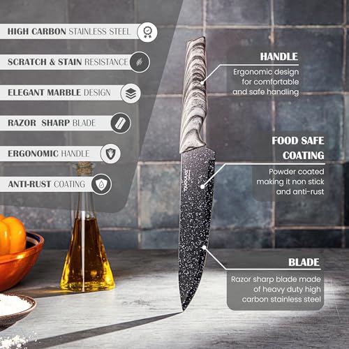 nuovva Professional Kitchen Knife Set with Block - Granite 18 Pcs with Knives Sharpener Peeler and Scissors - Clear Acrylic Block High Carbon Stainless Steel Blades Wood Affect Handle
