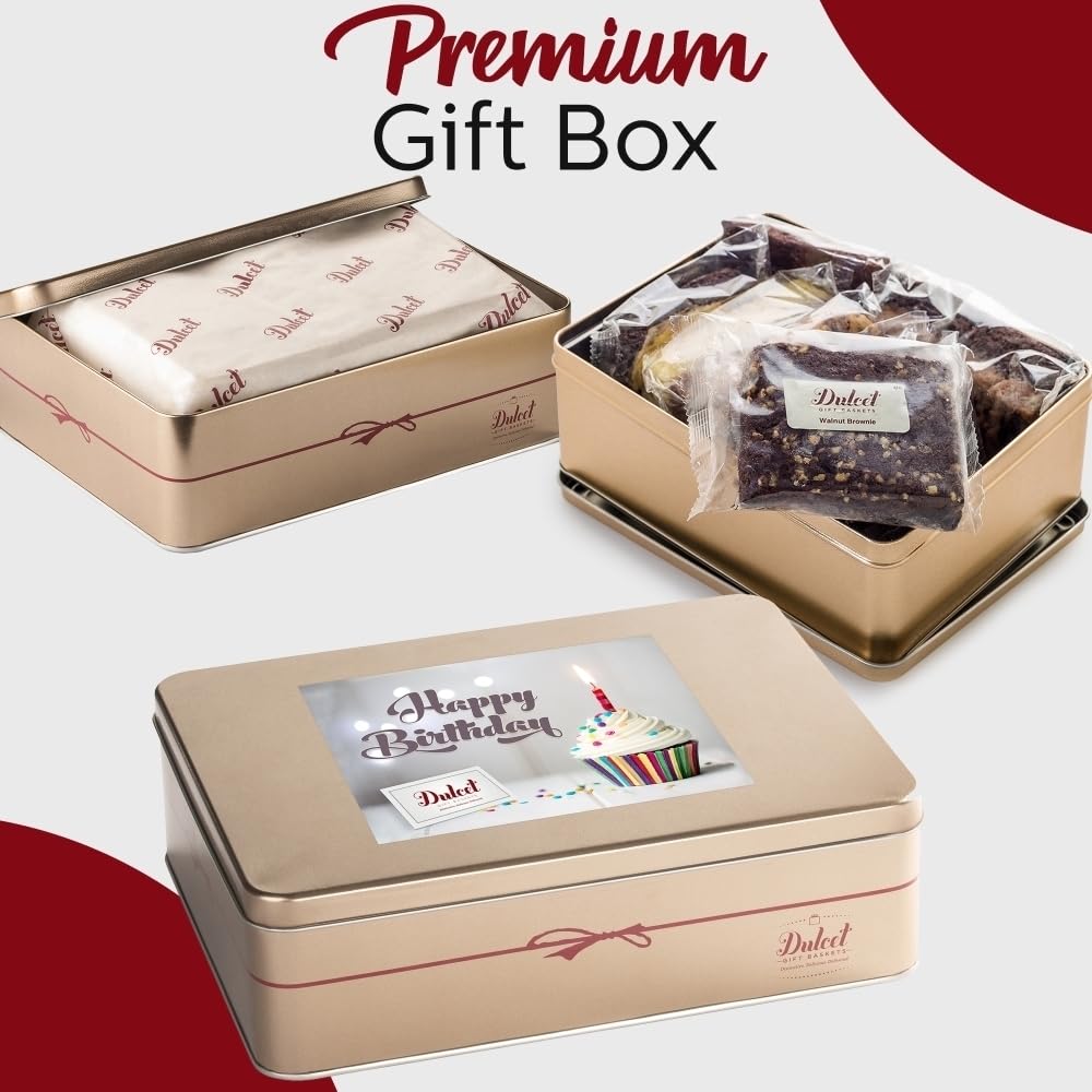 Dulcet Gift Baskets Happy Birthday Deluxe Bakery Gift Box, Includes Fresh Baked Raspberry and Old Fashioned Crumb Cake with Candles and Balloons, Ideal Present for Men Women Family Friends or Teens.
