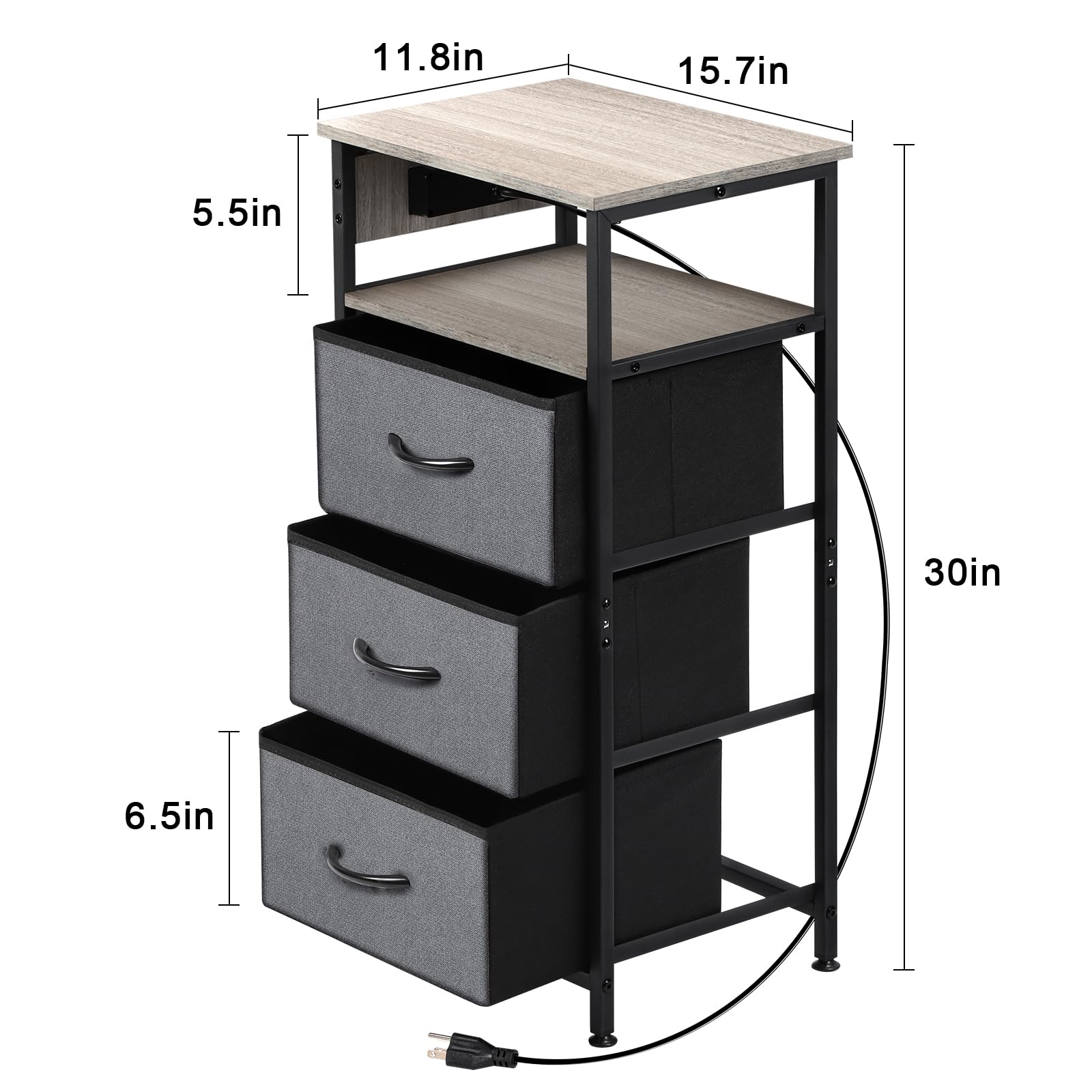 NANANARDOSO End Table with 3 Drawers and 2-Tier Shelf, Fabric Small Dresser Organizer Vertical Storage with Charging Station, Industrial Nightstand Side Table for Bedroom, Sofa, Grey
