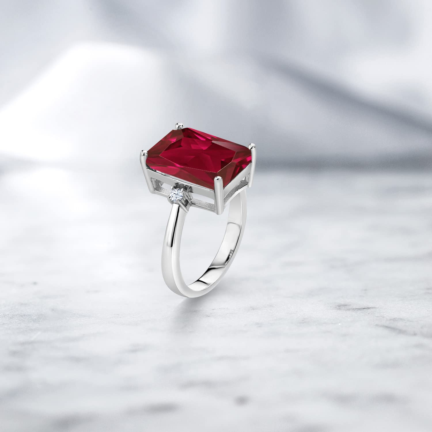 Gem Stone King 925 Sterling Silver Red Created Ruby Ring For Women (5.06 Cttw, Emerald Cut 14x10MM, Gemstone July Birthstone, Available In Size 5, 6, 7, 8, 9)