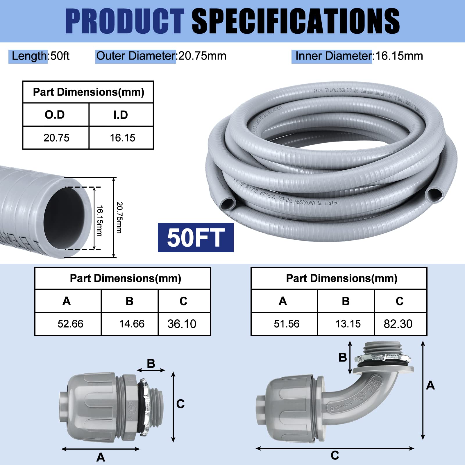 Electrical Conduit and Connector Kit Flexible Liquid Tight Electrical Conduit Non Metallic Electrical Conduit with 5 Straight and 3 Angle Fittings Included (1/2 Inch 50 Ft)