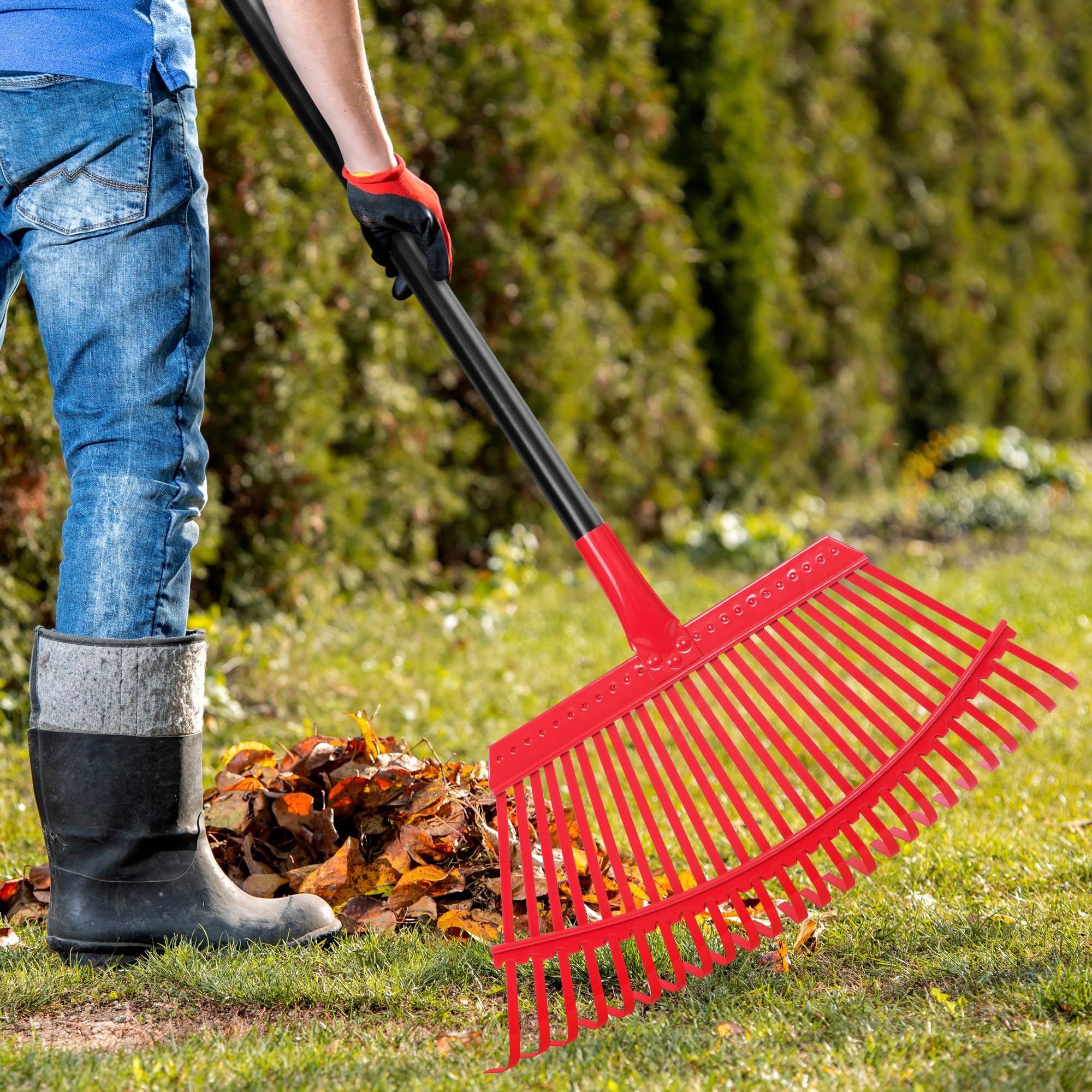 Garden Leaf Rake with 60 Inch Adjustable Long Steel Handle, 11 Metal Tines 8.8" Wide Garden Rake for Lawns Shrub Debris and Flower Beds