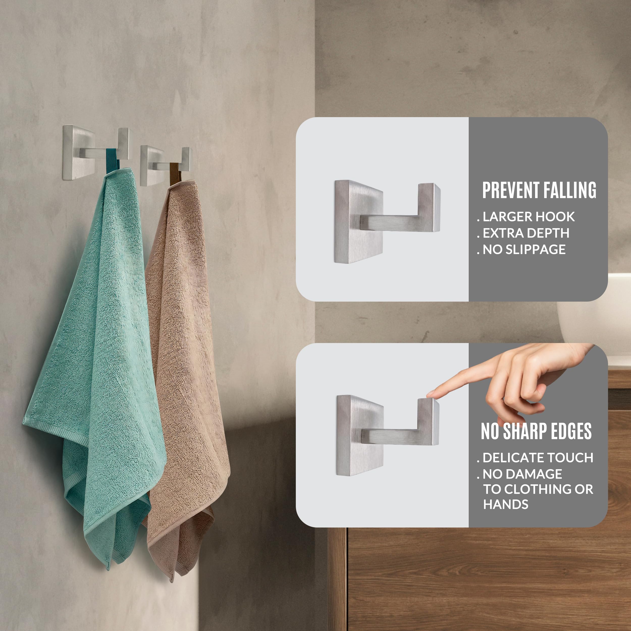 Luclxx Home Towel Hooks for Bathroom Wall Mounted - Brushed Nickel Towel Hook - Towel Hook - Towel Holder for Bathroom Wall - Robe Hooks - Bathroom Hooks for Towels - Square Hooks - 2 Pack