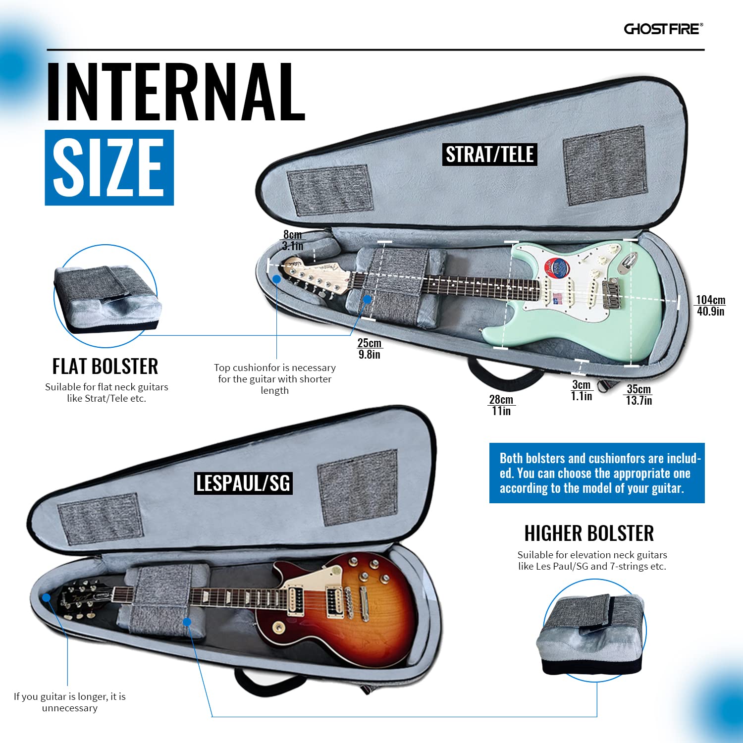 GHOSTFIRE high-end Electric Guitar Gig Bag Super thick fit ST/TL ,LP/SG An Expansion Package Is Attached (Electric guitar-grey)