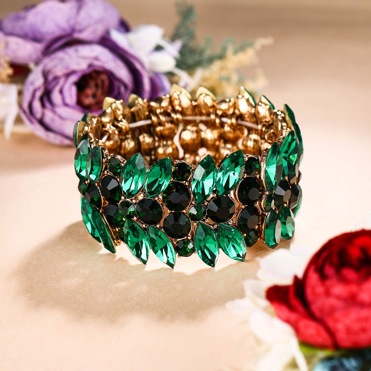 EVER FAITH Women's Elastic Stretch Bracelet Marquise Crystal Art Deco Prom Jewelry Green Antique Gold-Tone
