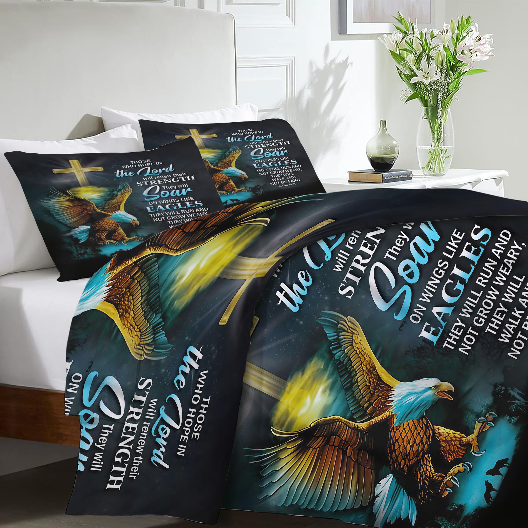 nanen Bald Eagle Christian Comforter Set Eagle Decor Bible Verse Full Bed Duvet Cover Set for Girls Boys Women Adults Teens Eagle Bedding Comforters 3 Piece Bedding Set