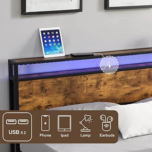 Modern Industrial Queen Bed Frame with LED Lights and 2 USB Ports, Metal Platform Bed Frame Queen Size with Storage, Noise Free, No Box Spring Needed, Strong Steel Slats Support, Rustic Brown (Queen)