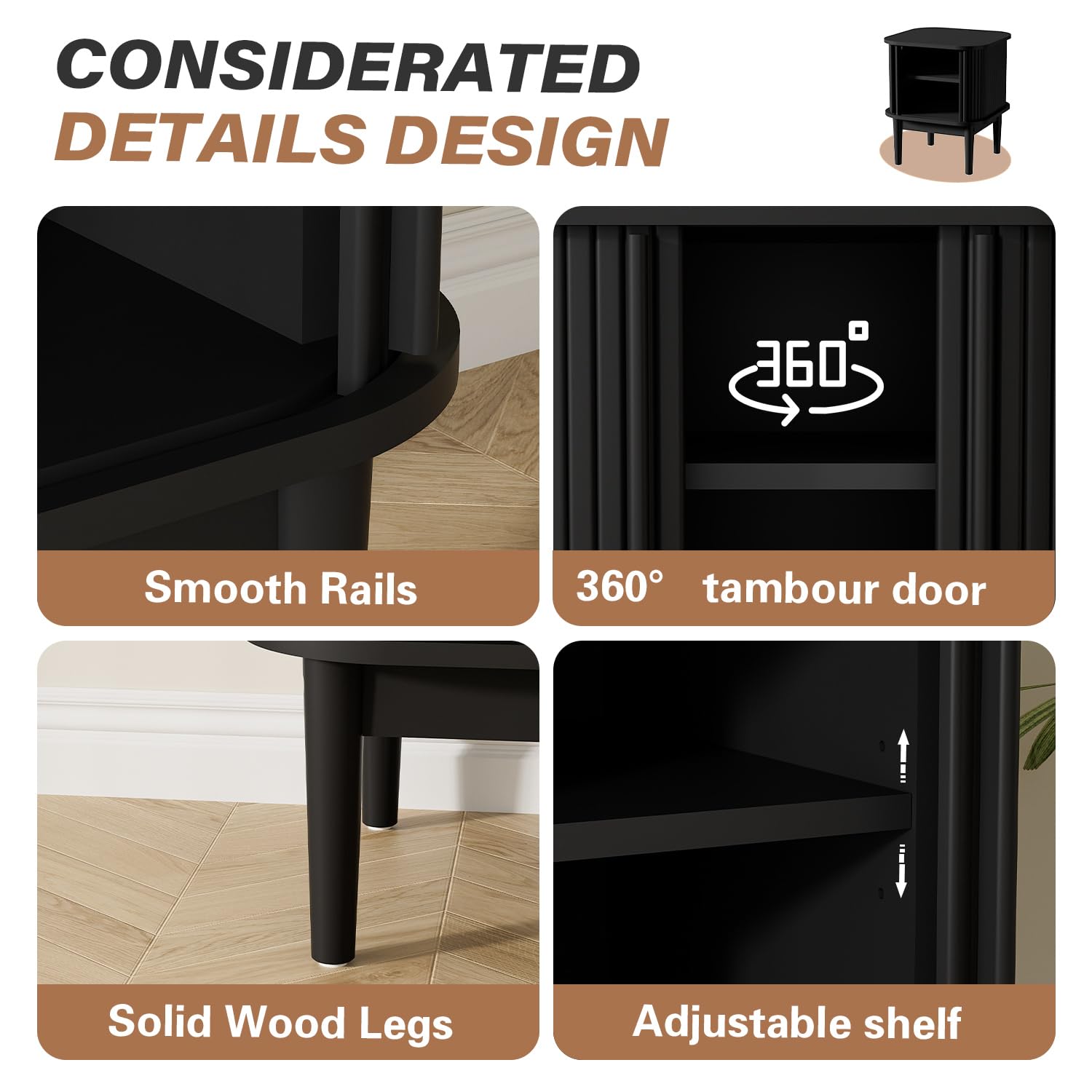 ORGANSANDS Sliding Door Tambour Nightstand Set of 2, Black Storage End Table with Curved Edge Design, Small Bedside Table Compact Sofa Side Table for Bedroom, Hallway, Small Space