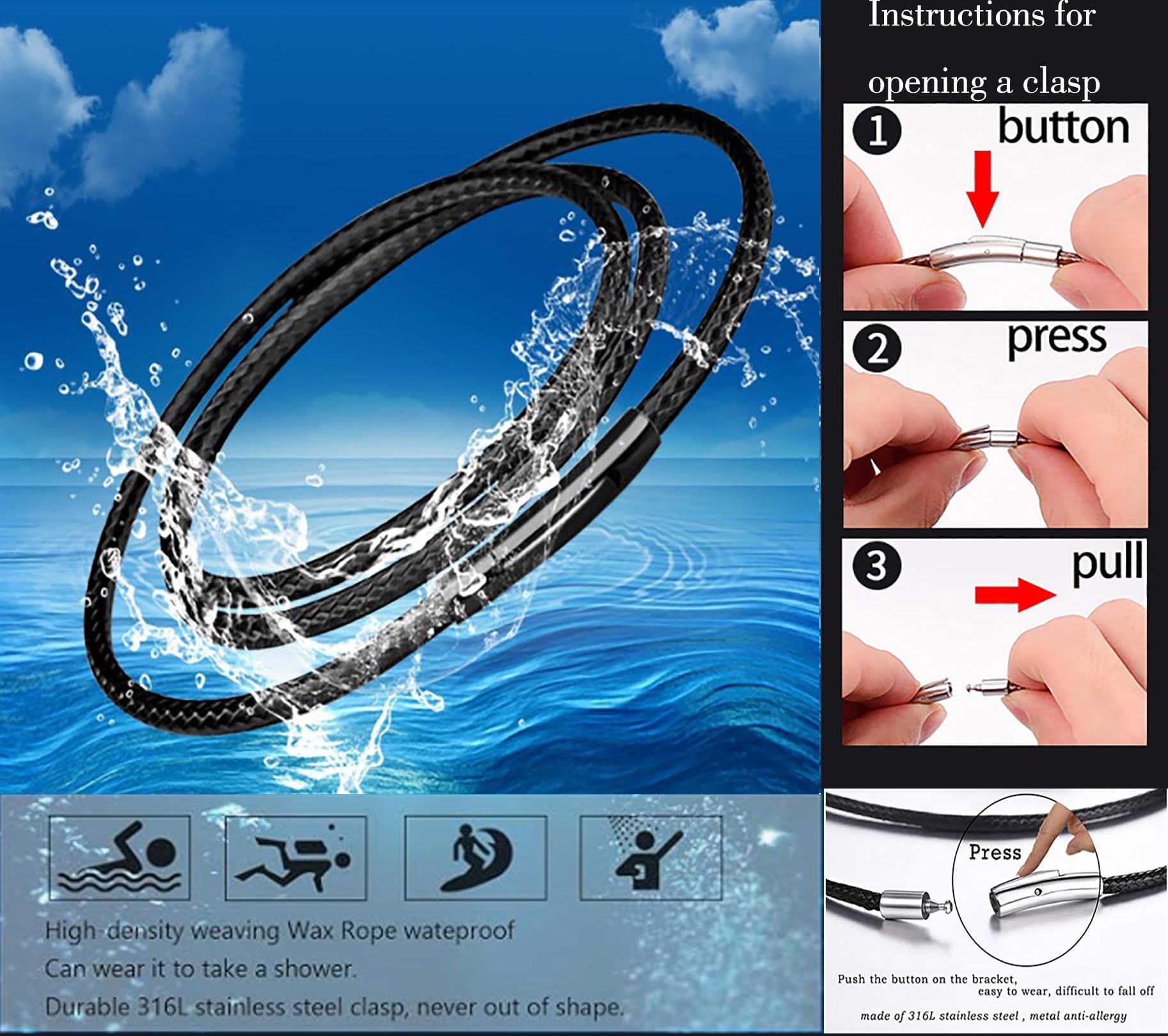 Findout 2mm black Waterproof Braided Leather Necklace Wax Rope Chain For Men, Waterproof Braided Leather, No Gemstone