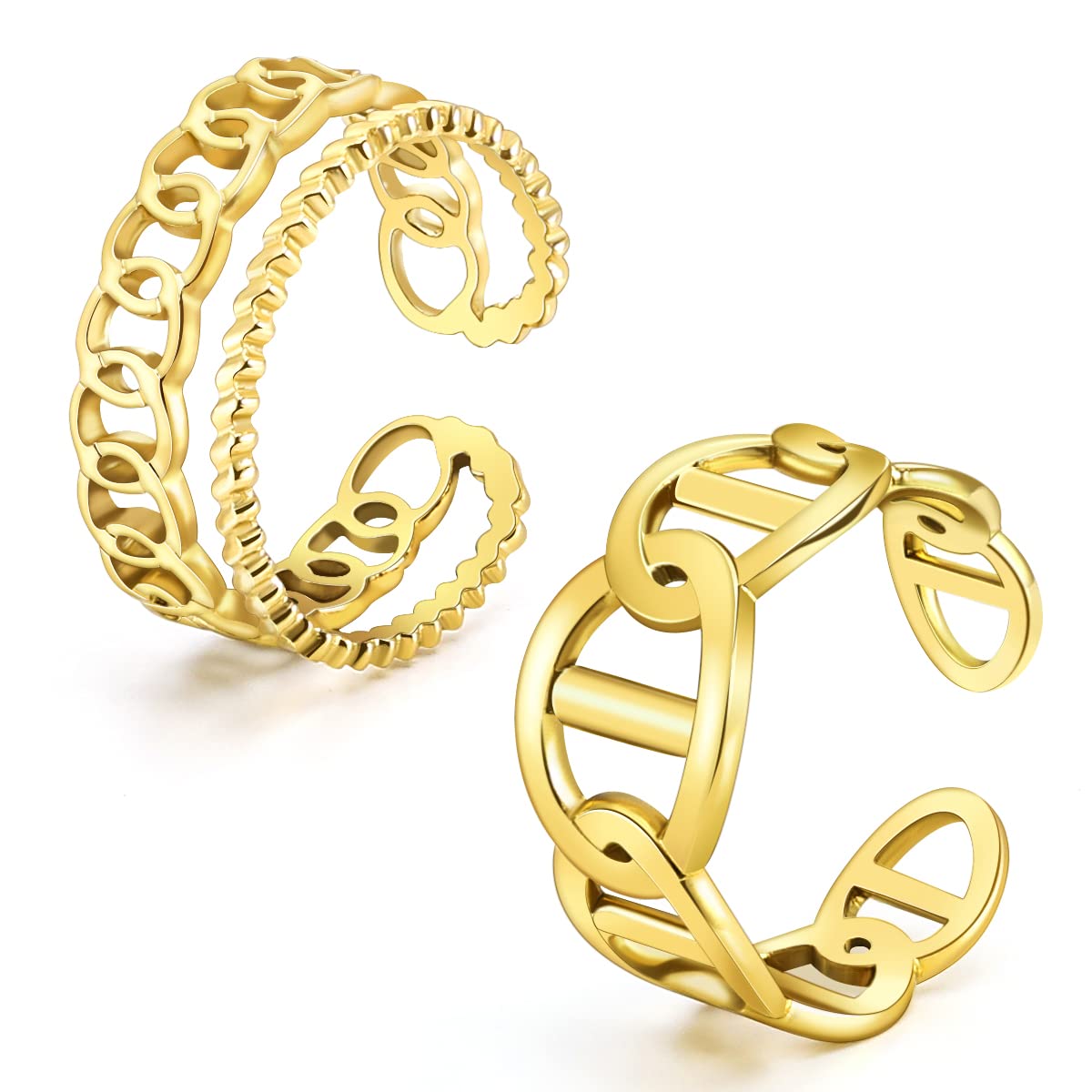 Emibele 18K Gold Plated Rings for Women, 2 Pcs Knuckle Open Ring Cuban Curb Chain Link Ring Adjustable Open Knot Gold Chunky Stacking Ring Set Dainty Jewelry Gift for Ladies, Gold