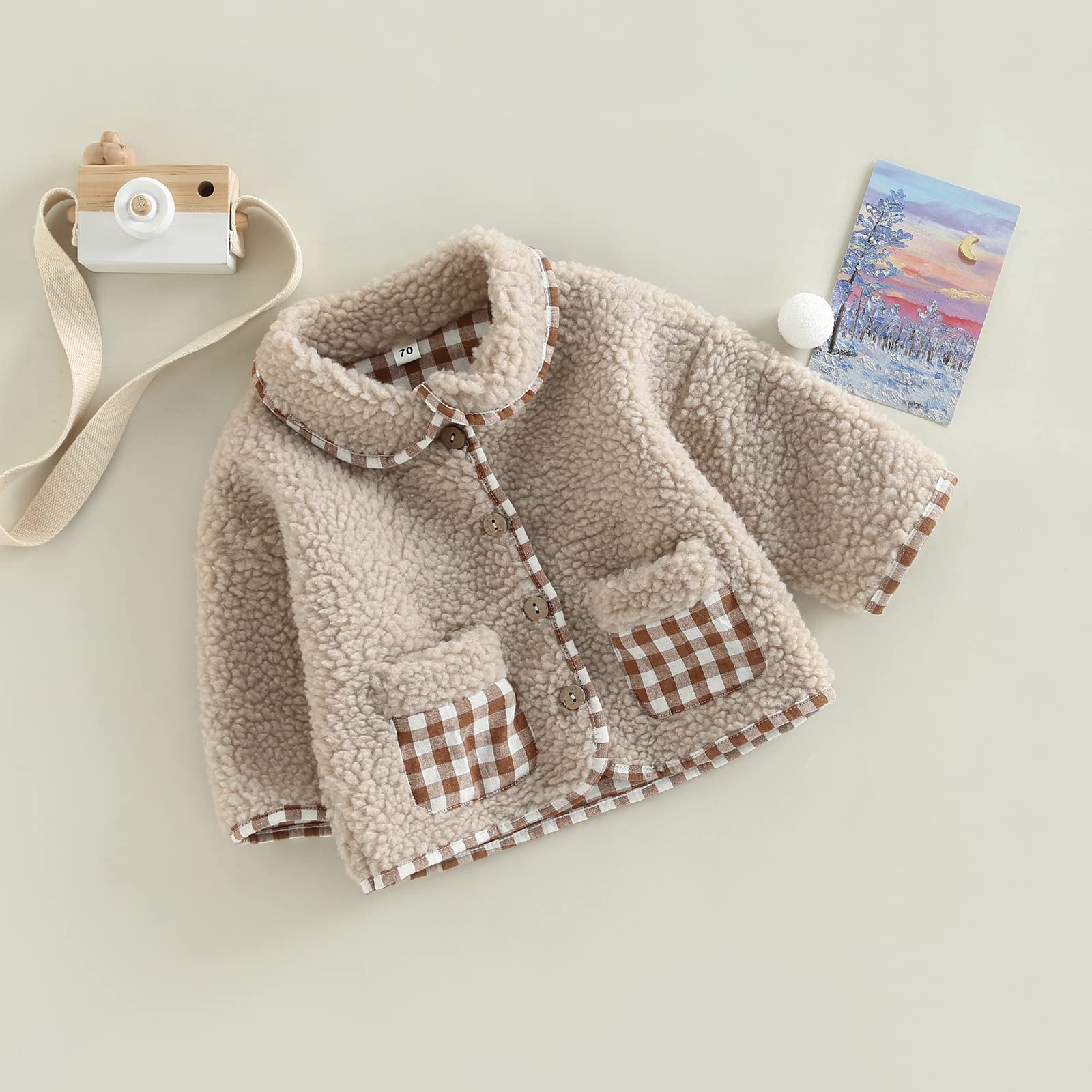 Infant Baby Boy Girl Fall Winter Clothes Fleece Jacket Long Sleeve Buttons Down Warm Plush Coat Outerwear Tops (Khaki Plaid, 12-18 Months)