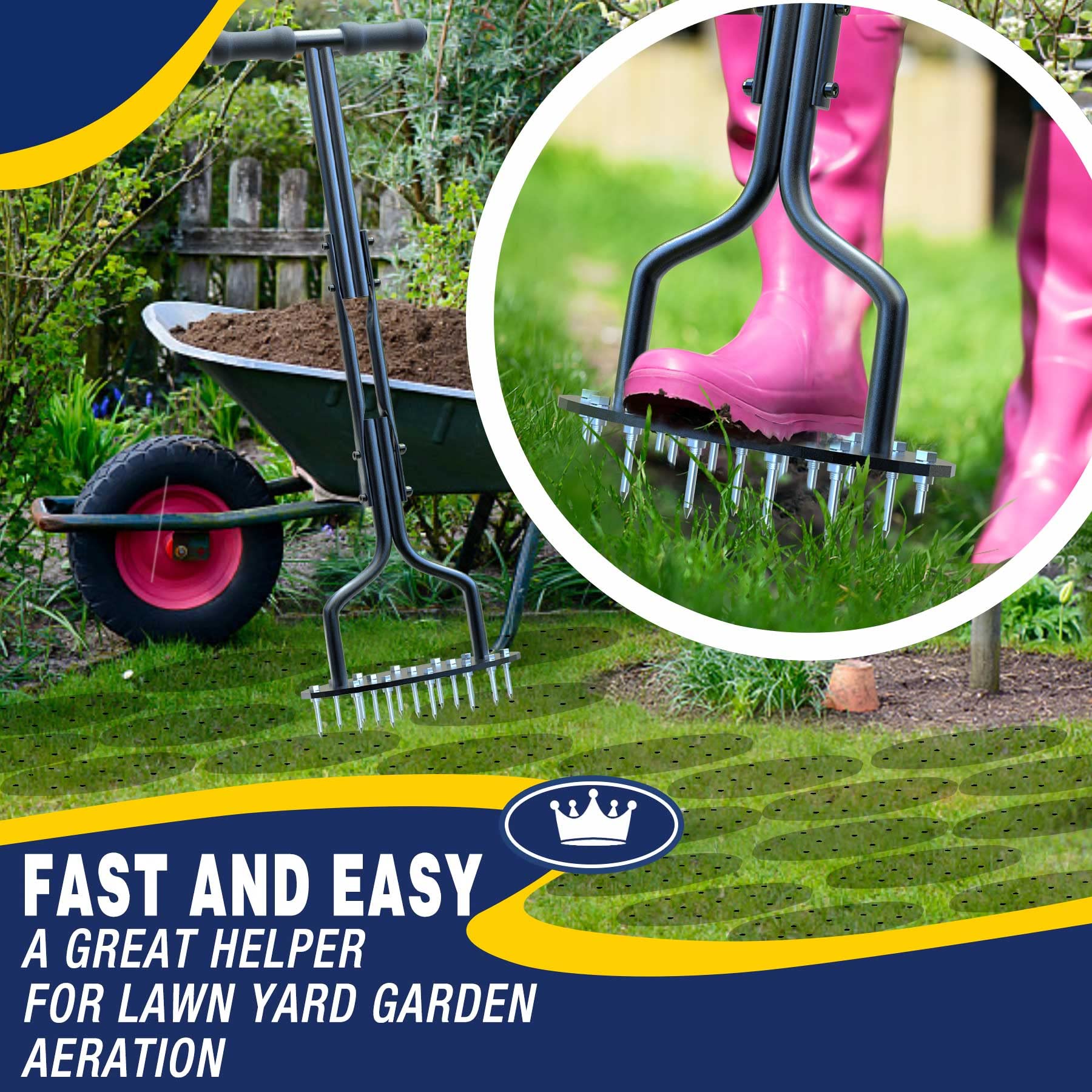 EEIEER Lawn Aerator Spikes Aerating Tool, Manual Aeration Tools with 15 Spikes, Yard Aerators with Cleaning Weeder Tool for Compacted Soil & Lawns Garden