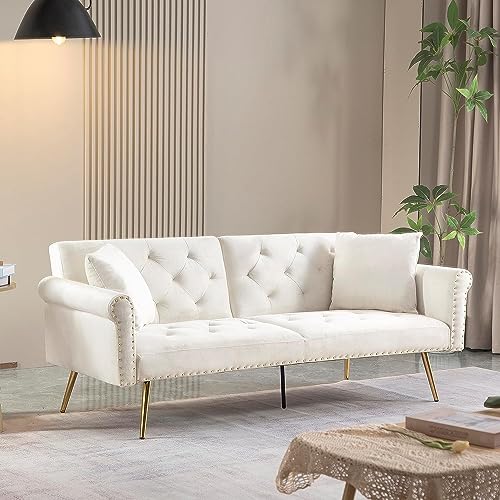 ERYE Beige Velvet with 2 Pillows 5 Legs Nailhead Decor