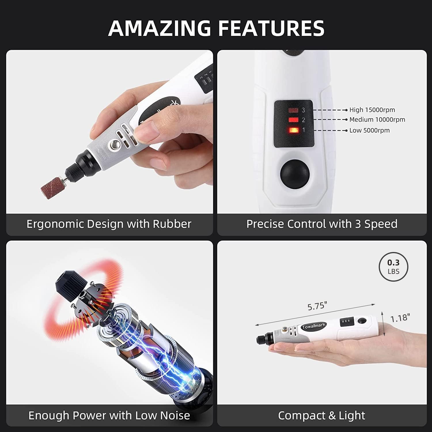 Mini Rotary Tool Cordless, 3.6V With 50 Accessories,USB Charging,3-Speed Power Rotary Kit For Small Light Projects as Sanding,Polishing,Engraving, DIY Crafts