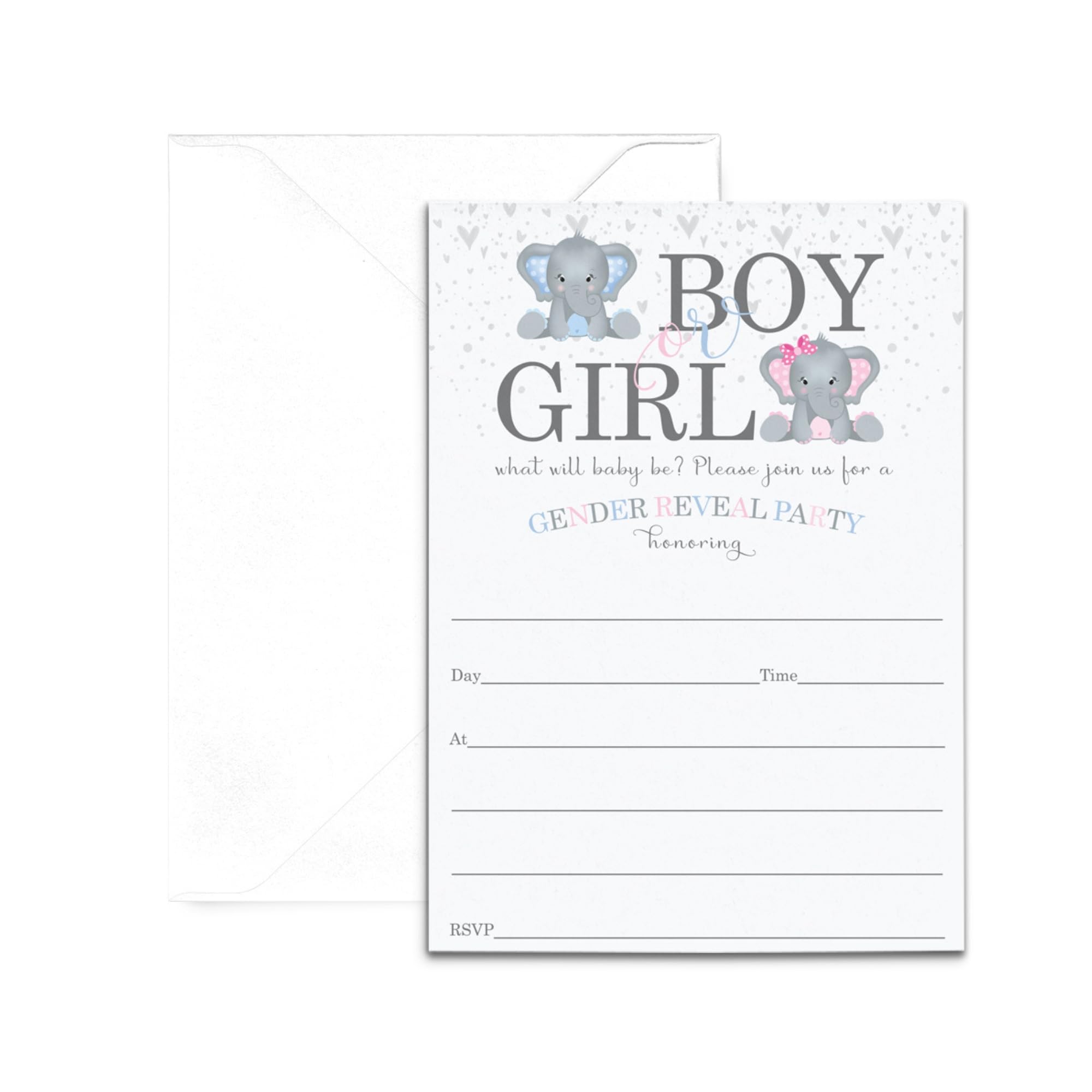 Elephant Gender Reveal Invitations with Envelopes (25 Pack) Invites for Baby Shower Party ā Pink and Blue Theme Boy or Girl ā Fill-In Details on Blank Card Set 5x7