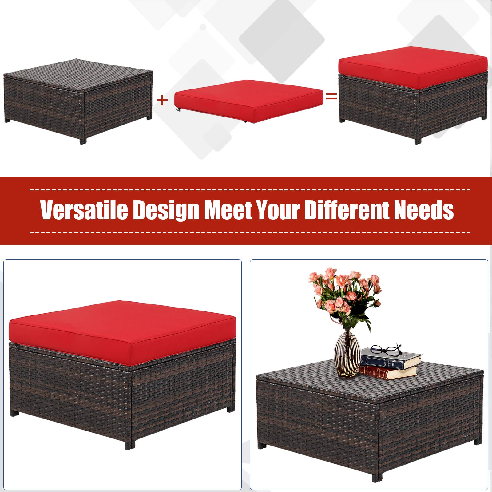 Tangkula 5 Pieces Patio Furniture Set, Outdoor Rattan Sofa Set w/Removable Cushions, Wicker Loveseat w/Single Sofa and Ottoman, Sectional Sofa Conversation Set for Backyard, Garden, Poolside (Red)