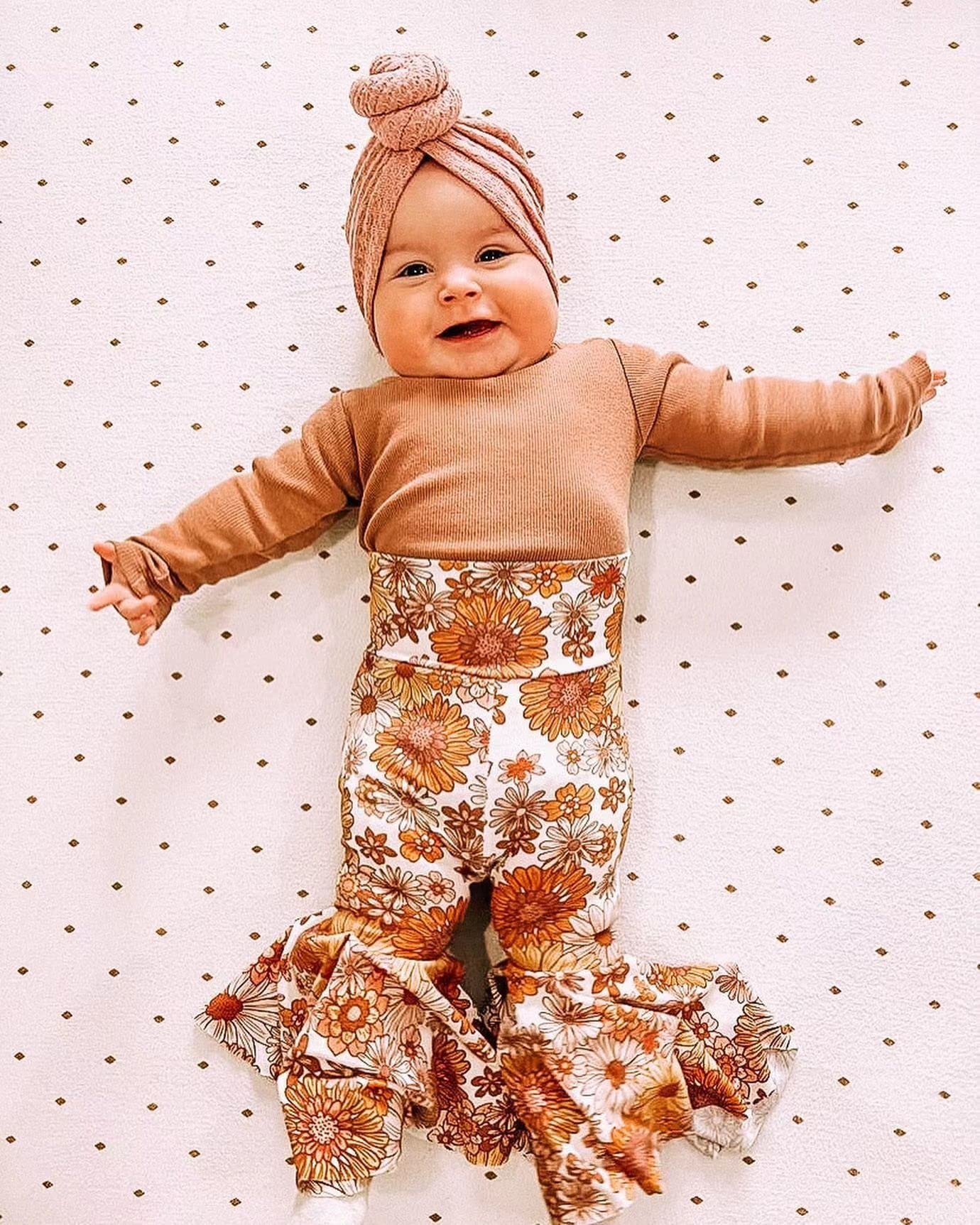 Infant Baby Girl Clothes Knitted Ruffle Long Sleeve Romper Bodysuit Tops Flared Bell Bottom Pants Leggings Fall Outfits (Brown, 6-12 Months)