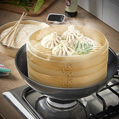 Prime Home Direct Bamboo Steamer Basket 10-inch | 2-Tier Steamer for Cooking | 50 Liners, Chopsticks & Sauce Dish | Dumpling Steamer, Food Steamer Baskets for Cooking - Rice & Vegetable Steamer Pot